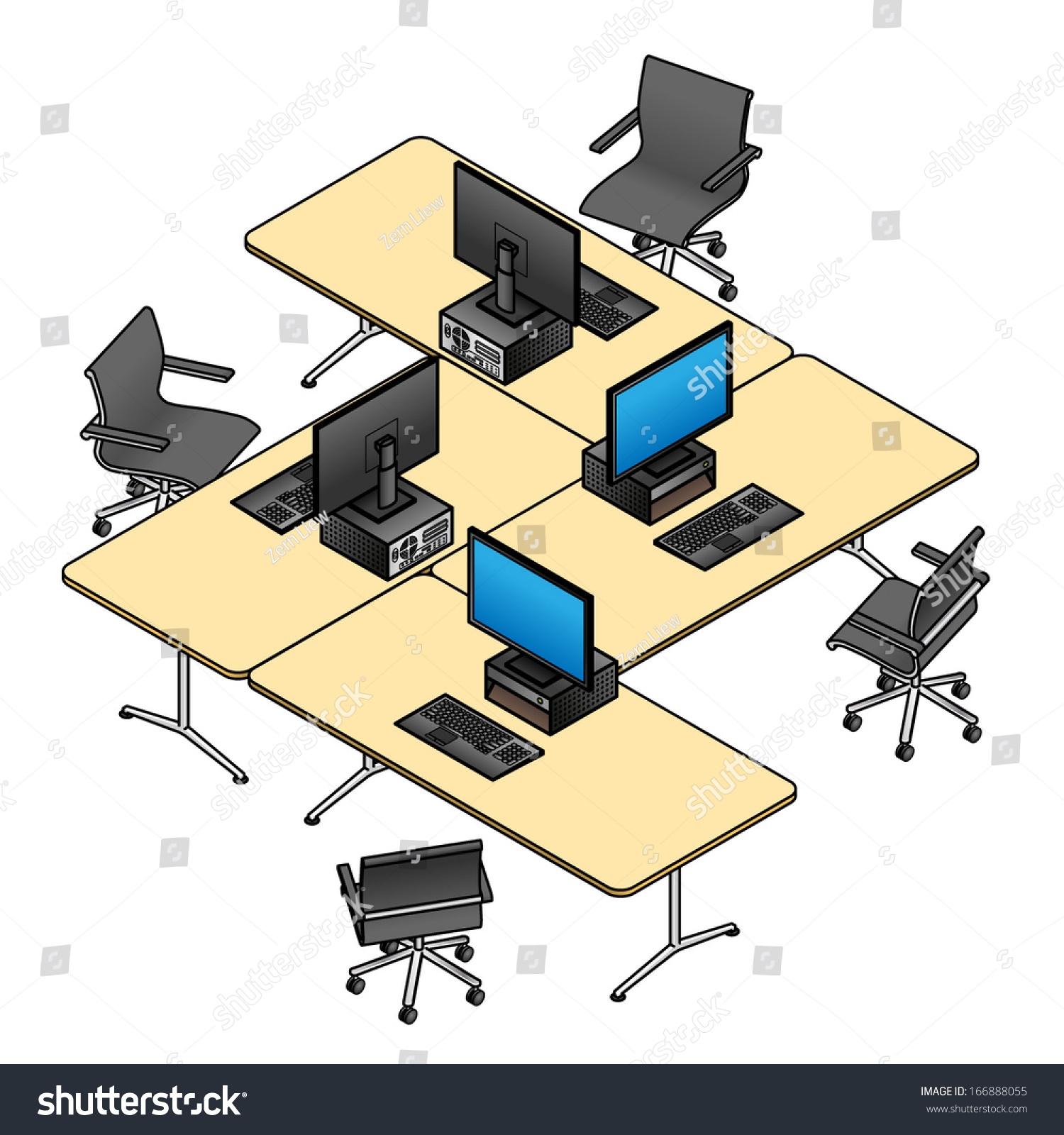 Office Layout 4 Workstationscubiclesworkspaces Computers Chairs Stock ...
