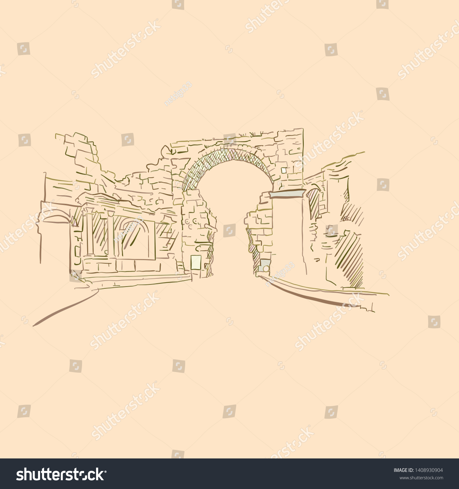 Ancient Gate Drawing Brown Colored Version Stock Vector (Royalty Free ...