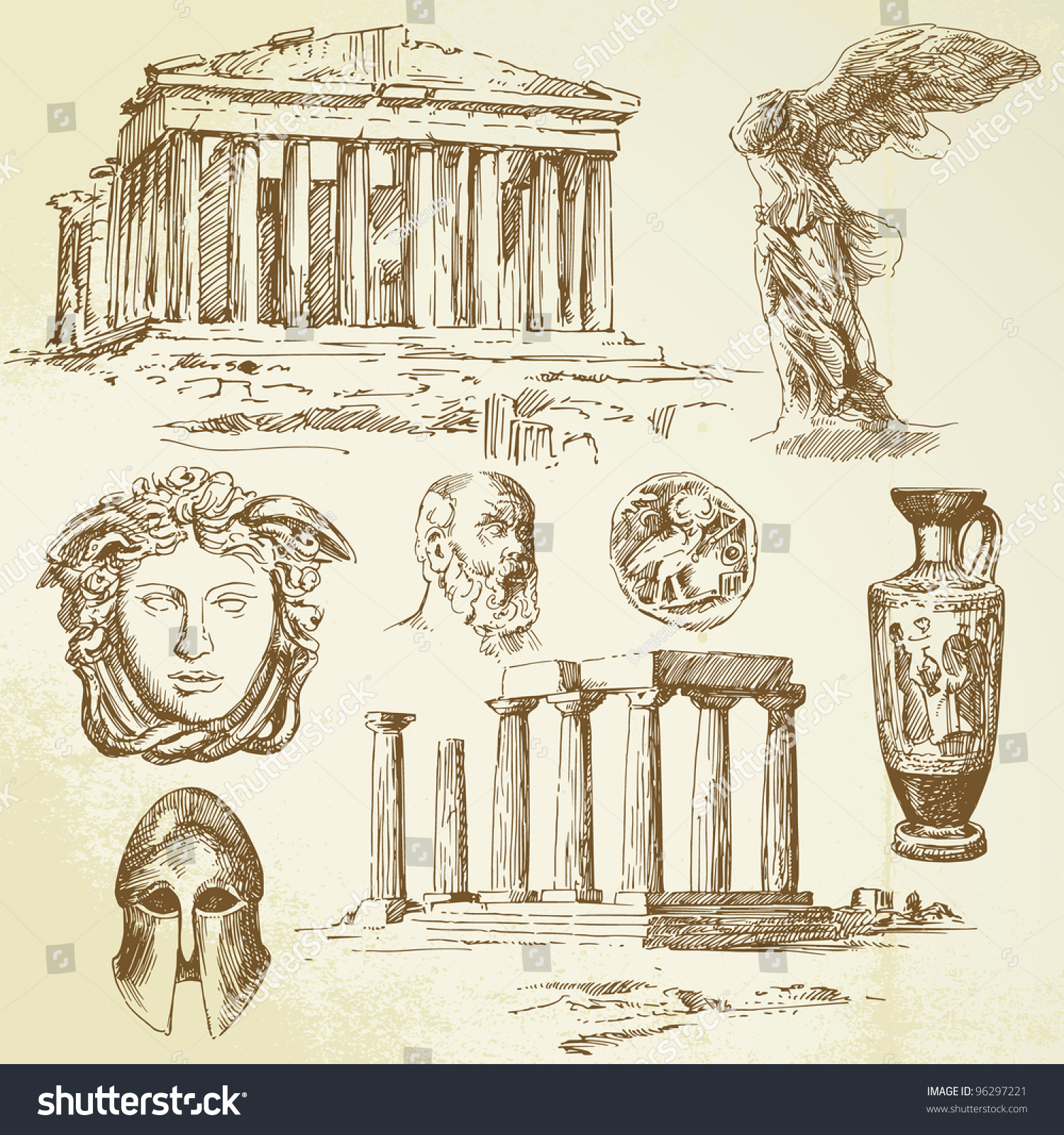 Ancient Greece - Hand Drawn Set Stock Vector Illustration 96297221 ...