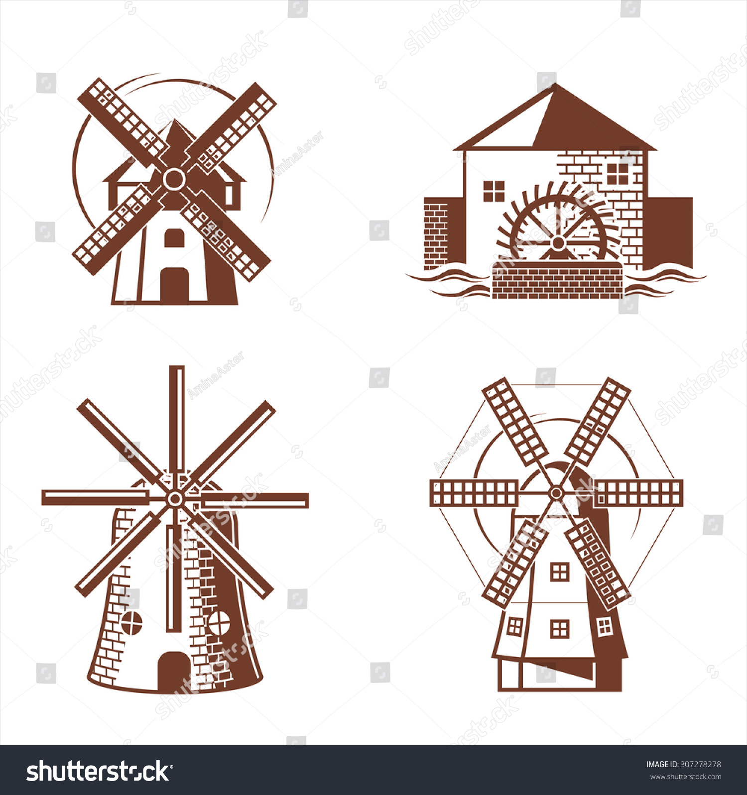 Ancient Mill Symbols Vector Set Stock Vector (Royalty Free) 307278278