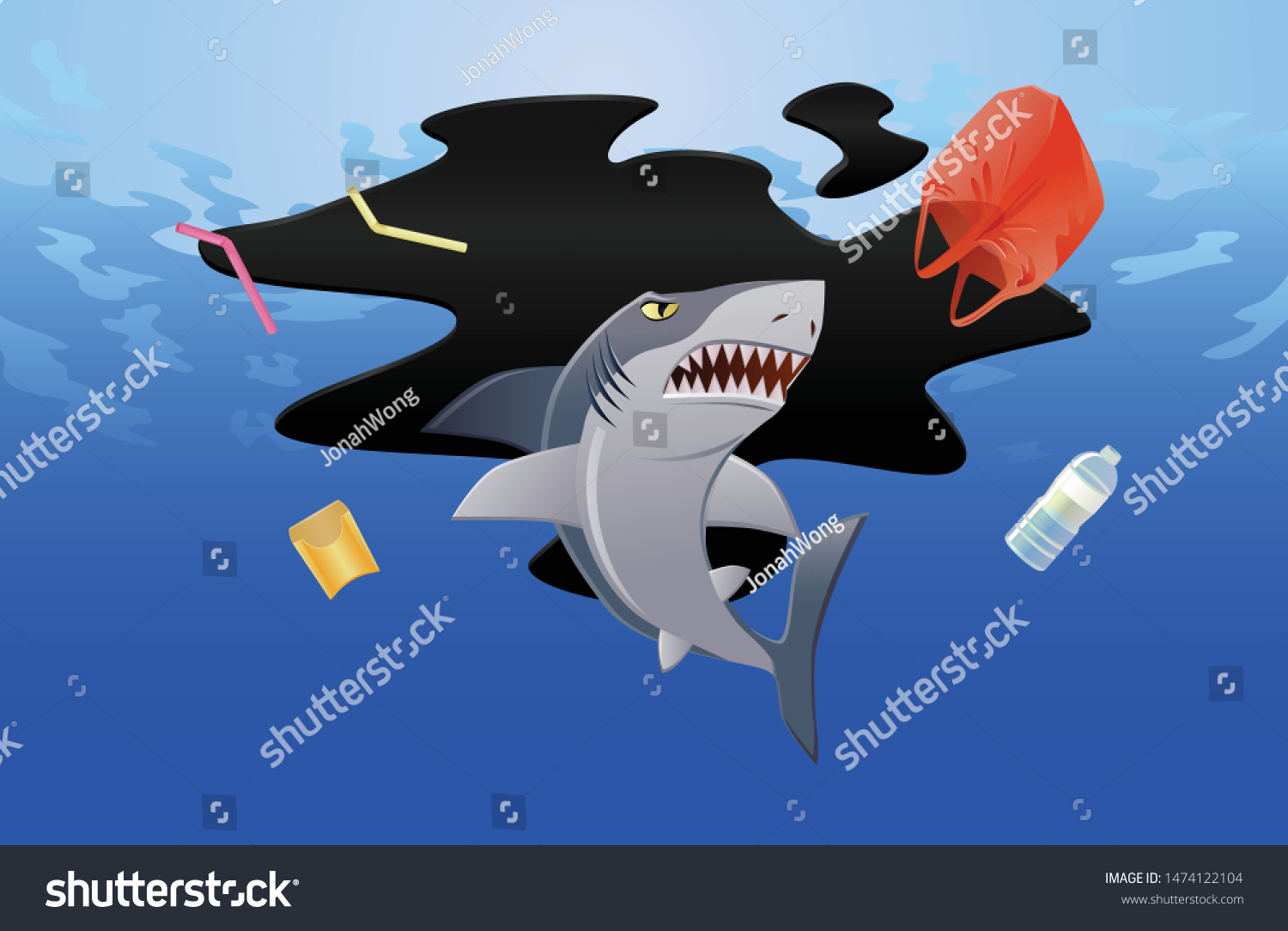 Angry Shark Surrounded By Garbage Vector Stock Vector (Royalty Free ...