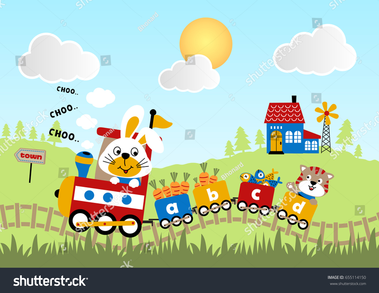 Vektor Stok Animals On Train Vector Cartoon Illustration (Tanpa Royalti ...