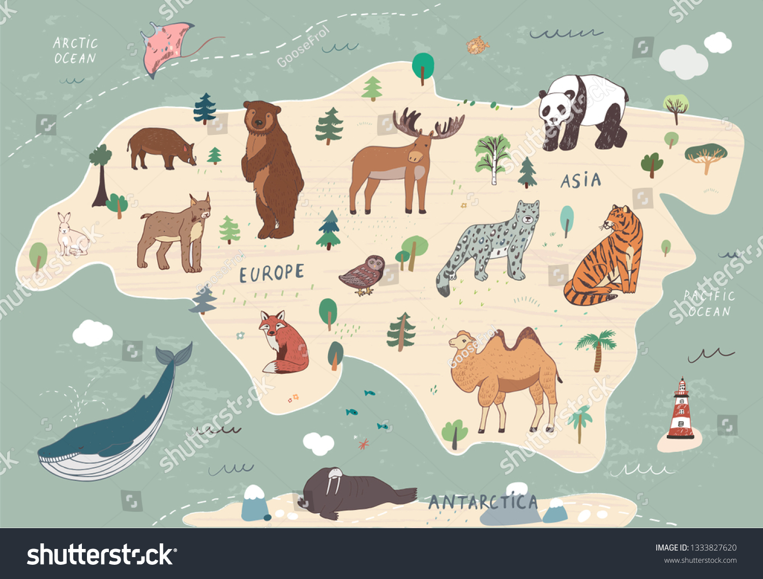 Animals On World Map Illustrations Hand Stock Vector (Royalty Free ...