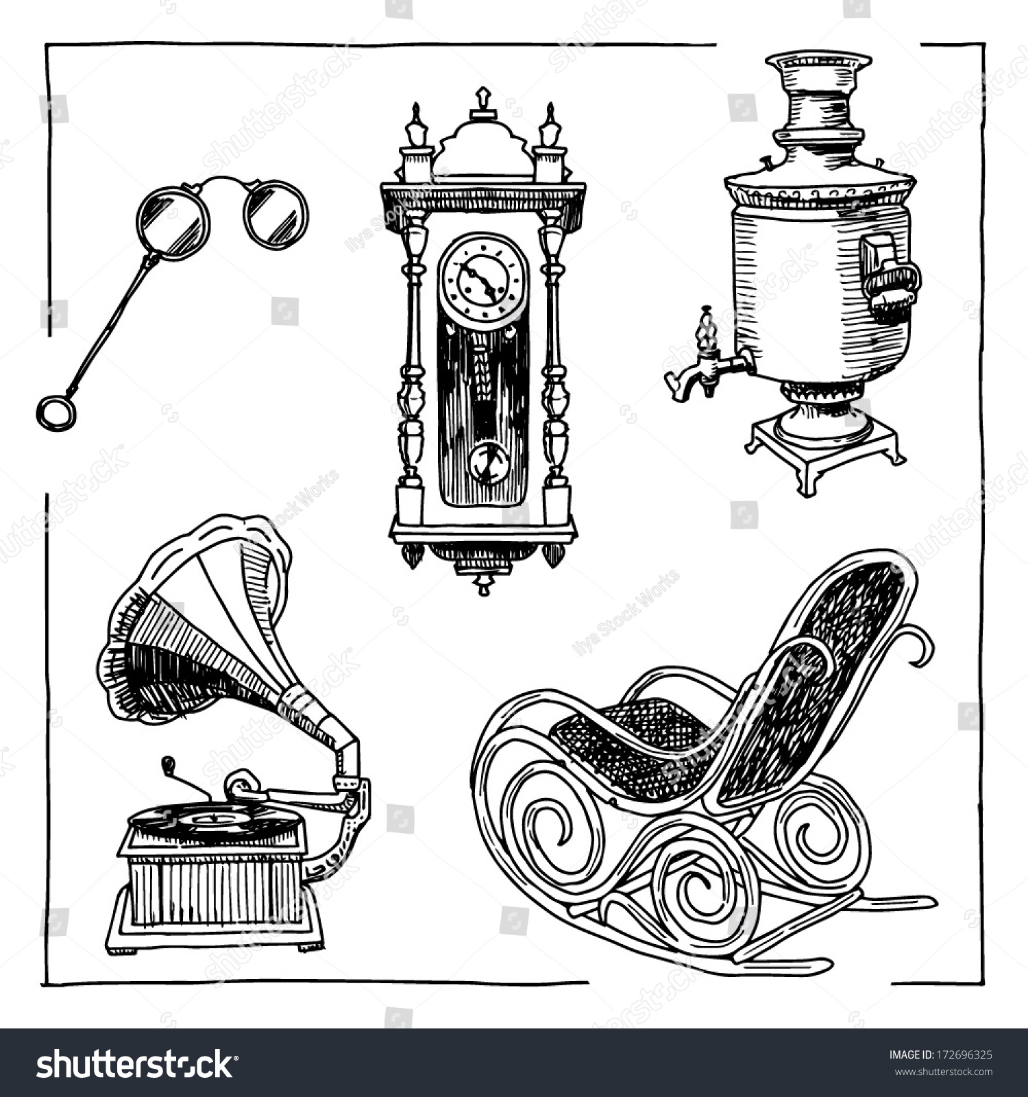 Antique Interior Objects Drawings Set On Stock Vector (Royalty Free ...
