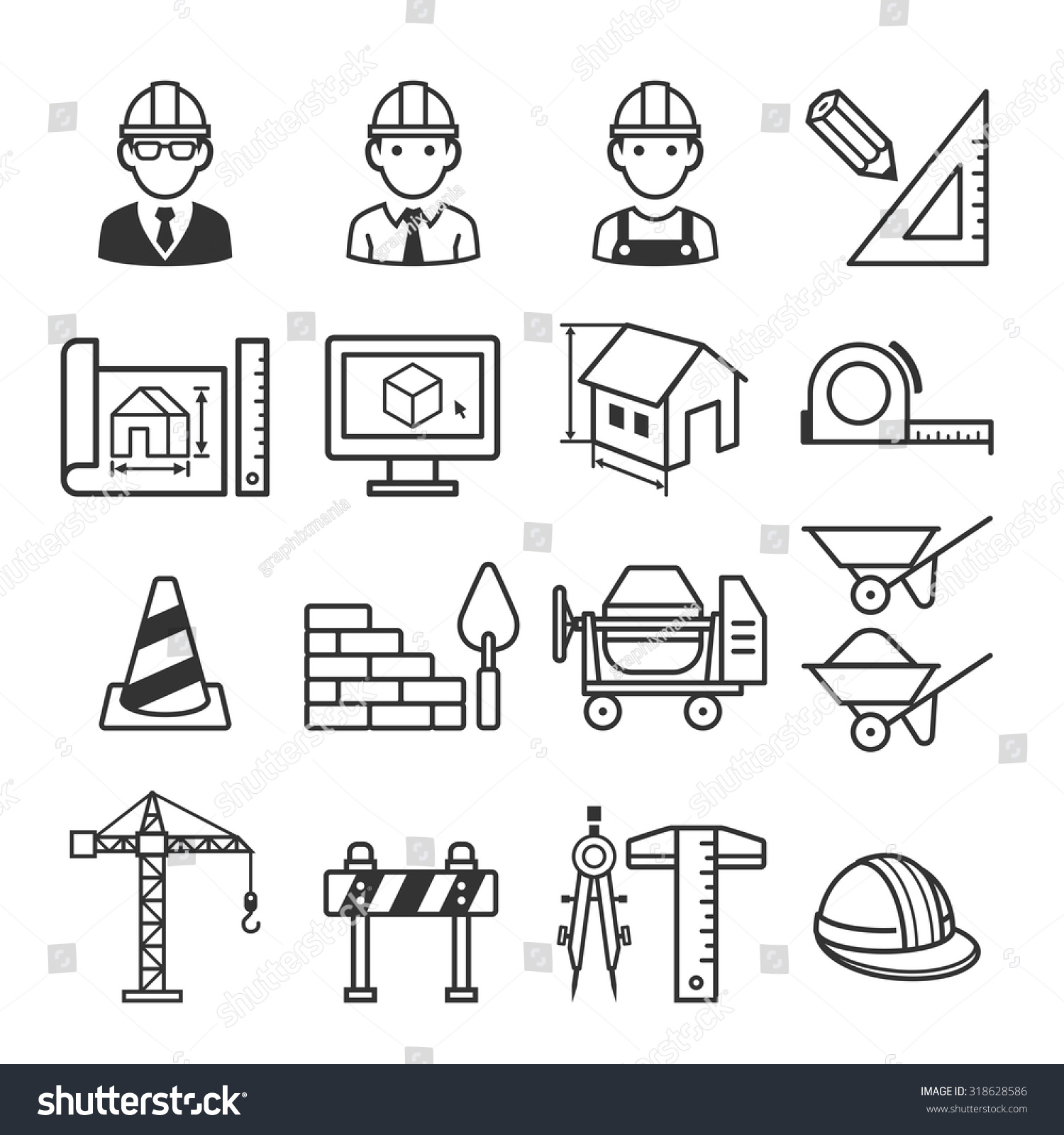 Vektor Stok Arsitektur Konstruksi Bangunan ikon set. Ilustrasi (Tanpa ...