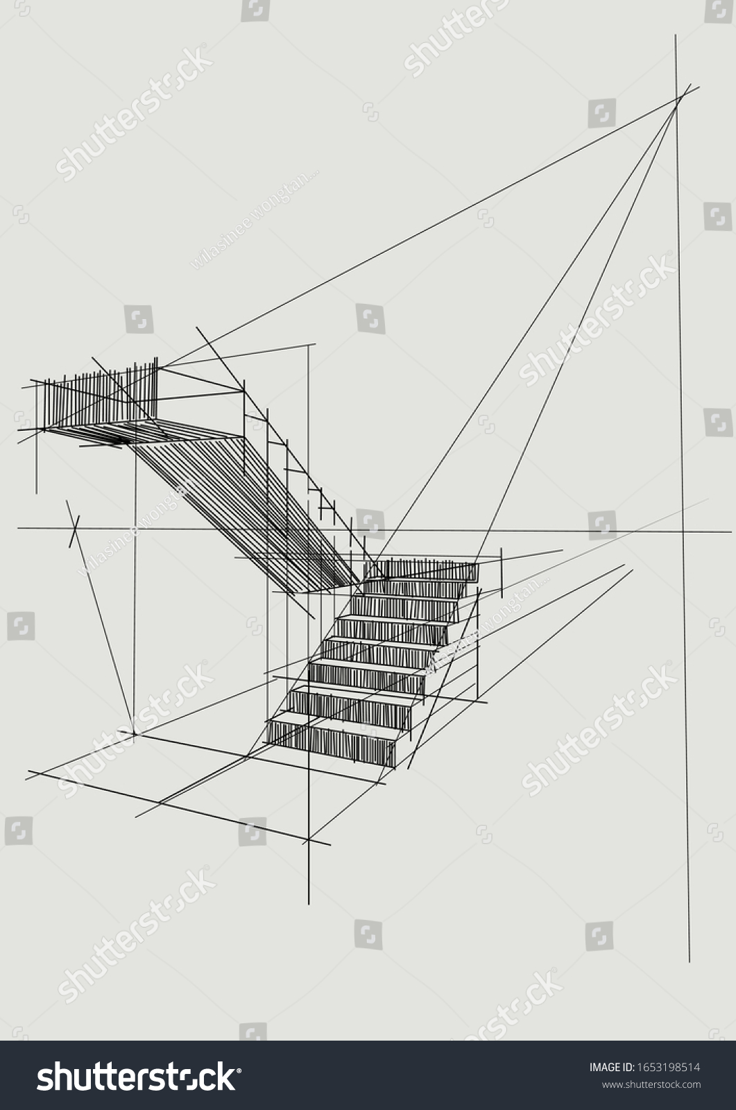 Architecture Stair Drawing Perspective Vector Illustration Stock Vector ...