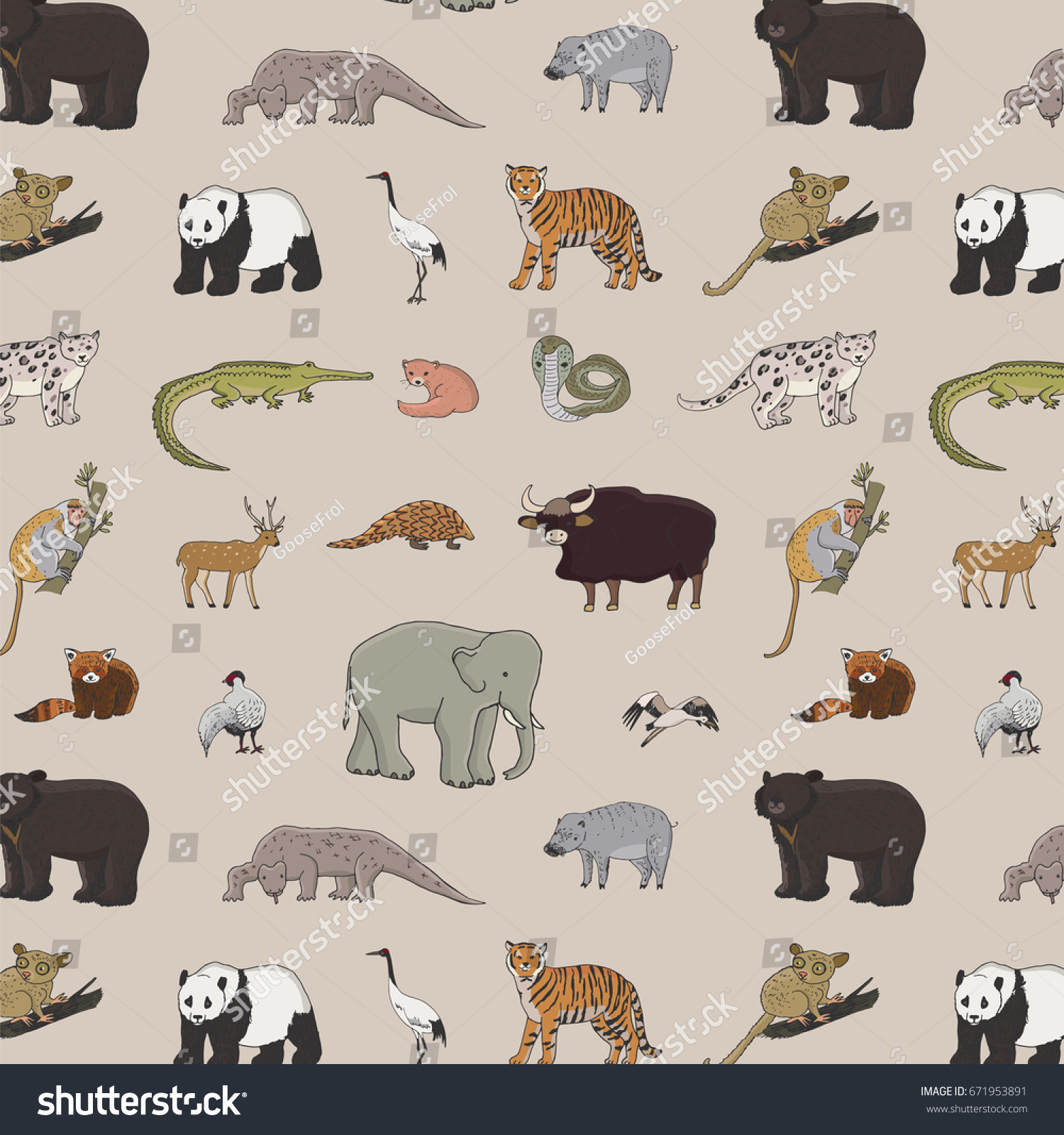 Asian Animals Doodle Graphic Vector Pattern Stock Vector (Royalty Free ...