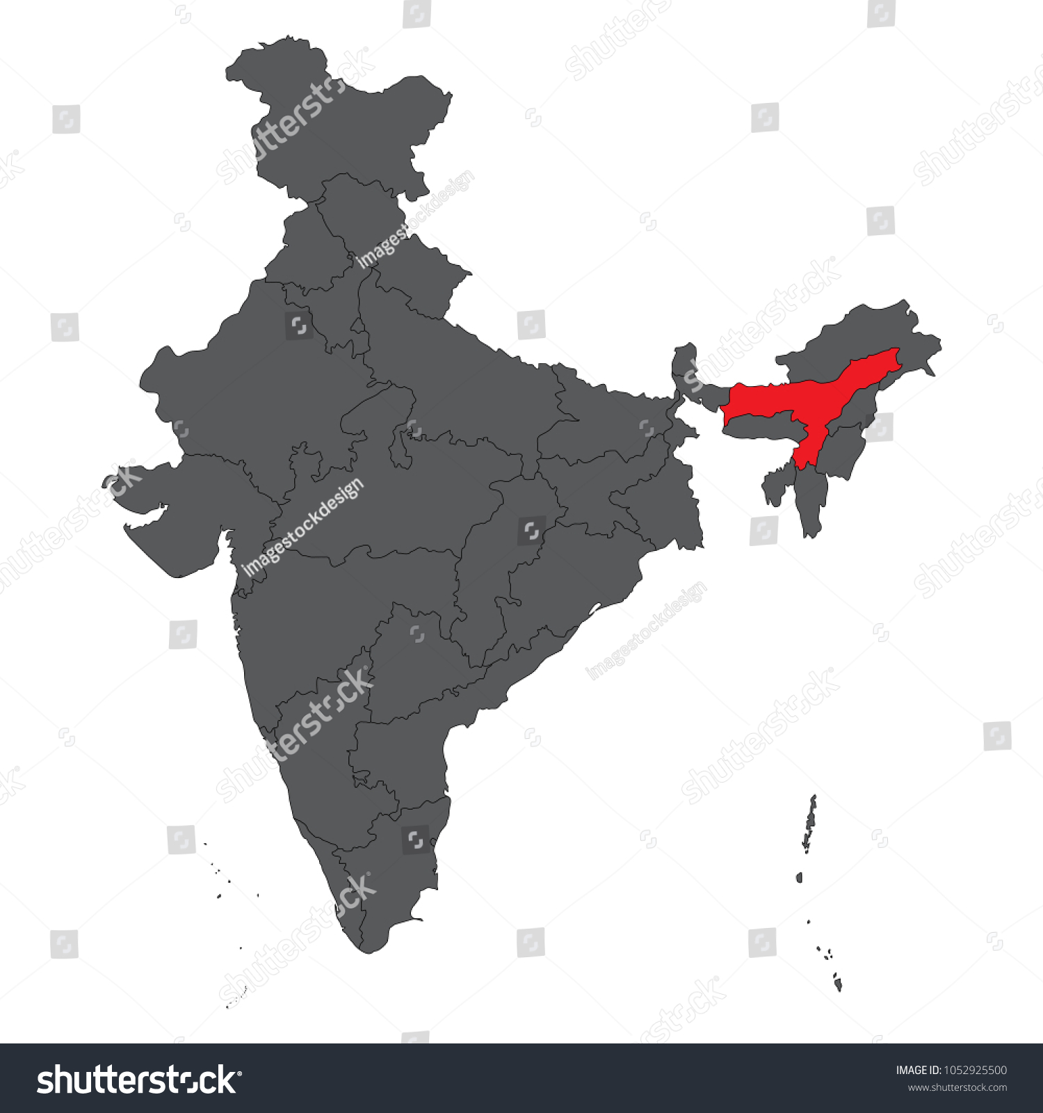 Assam Red On Gray India Map Stock Vector (Royalty Free) 1052925500