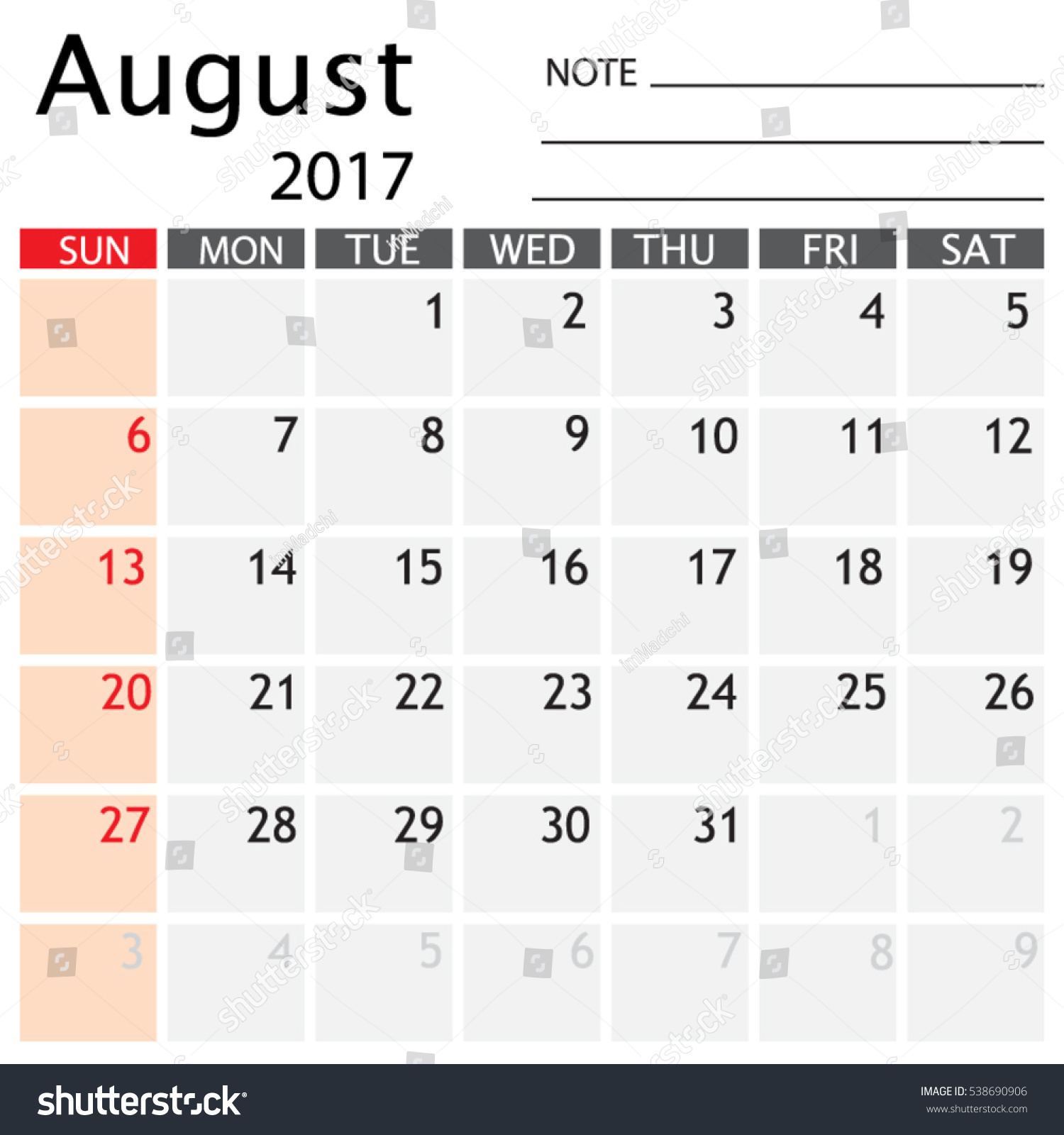 August Calendervector Illustration Stock Vector (Royalty Free) 538690906