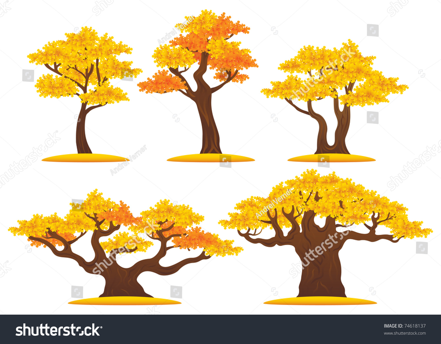 Autumn Oak Trees Vector Illustrations Set Stock Vector (Royalty Free ...