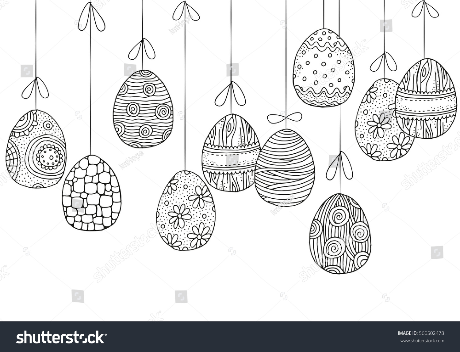 Background Hanging Easter Eggs Handdrawn Decorative Stock Vector ...