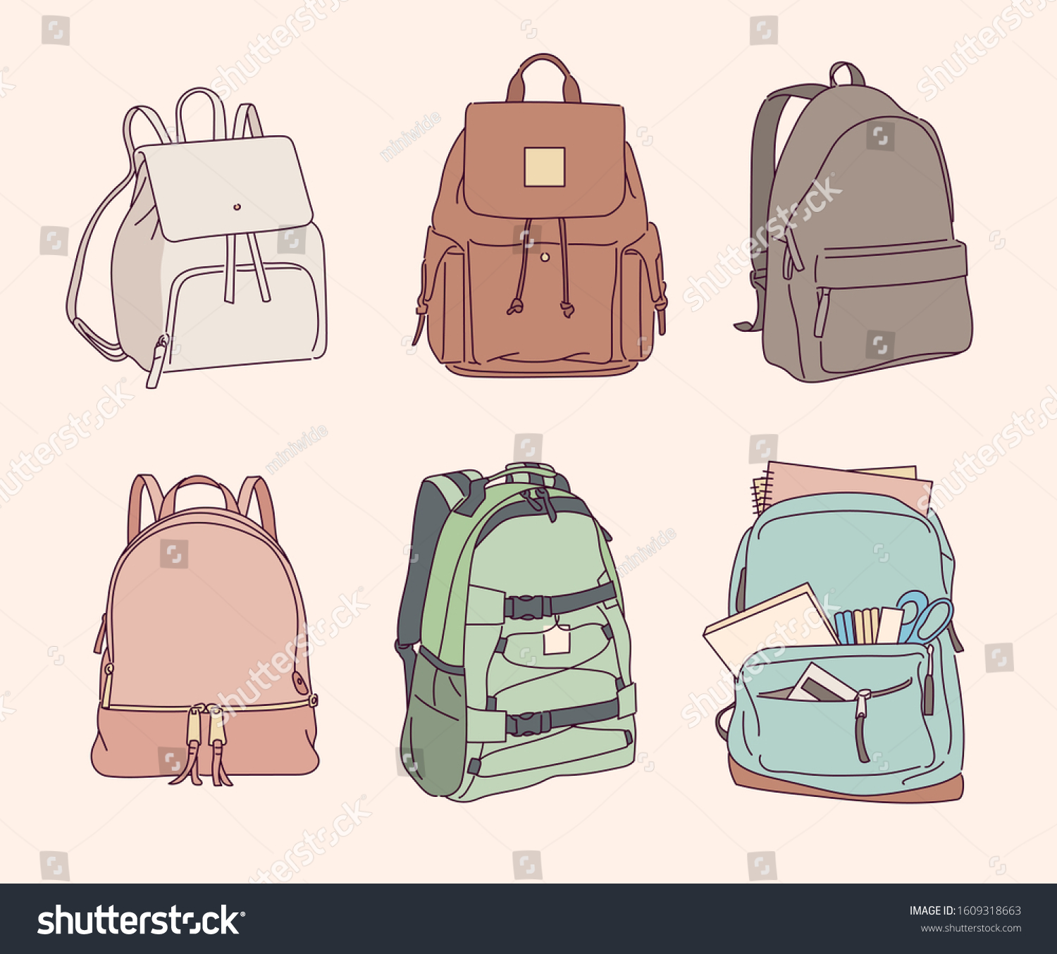 Backpack Collection Different Styles Hand Drawn Stock Vector (Royalty ...