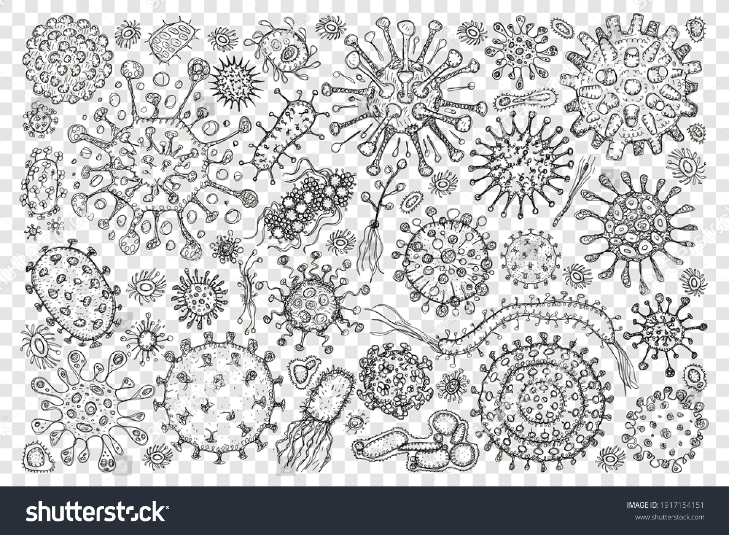 Bacteria Virus Molecule Doodle Set Stock Vector (Royalty Free) 1917154151