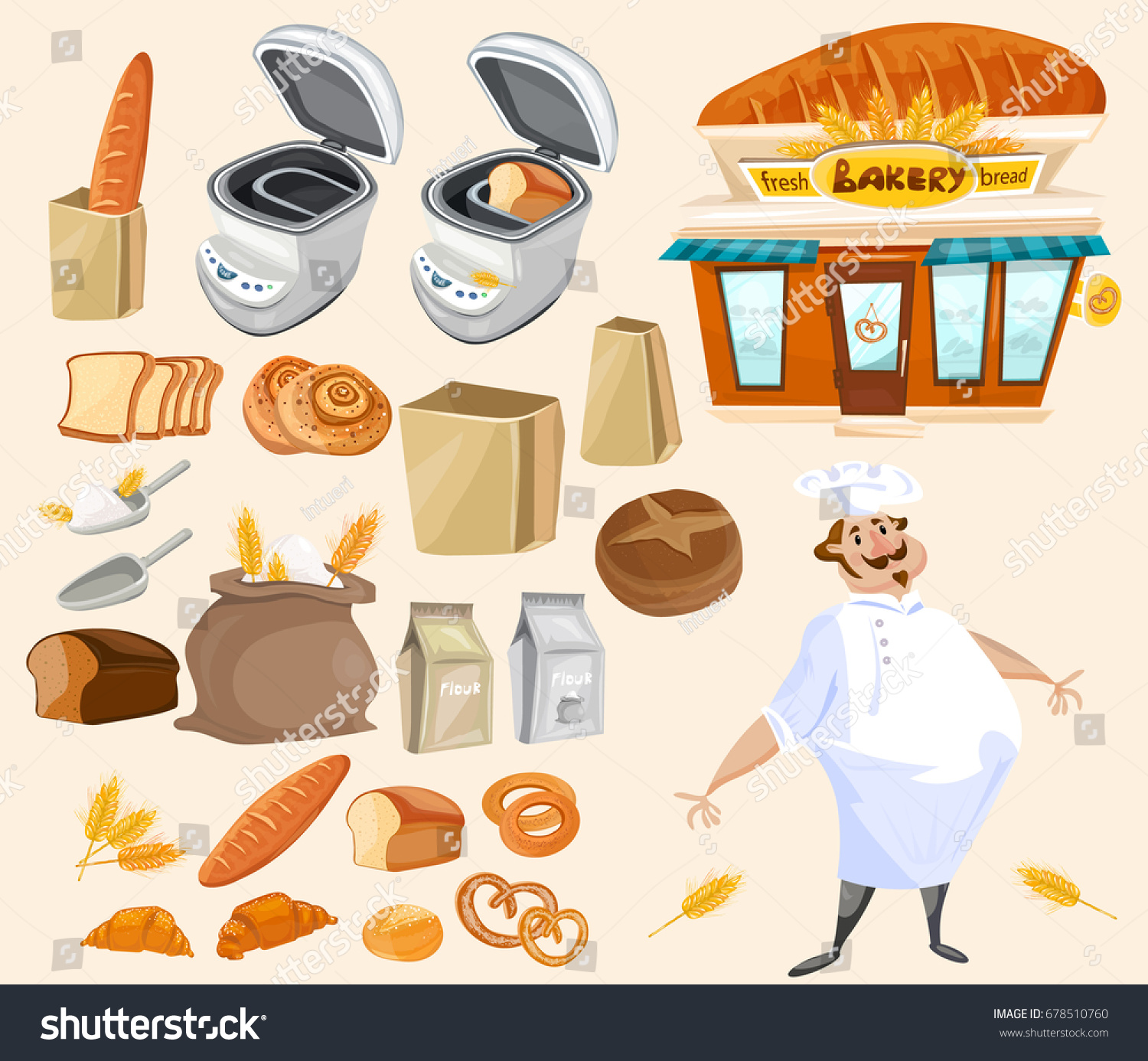 Bakery Collection Baker Bakes Bread Buns Stock Vector (Royalty Free ...