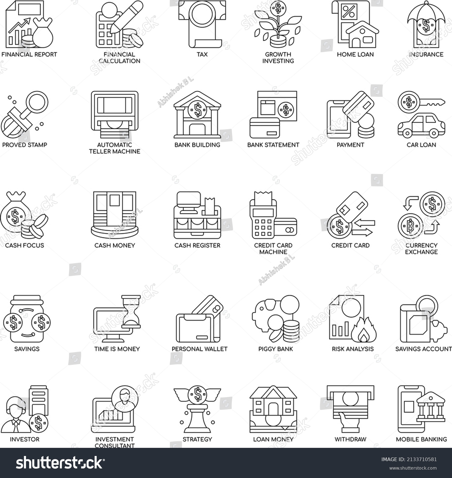 Banking Outline Flat Vector Icon Collection Stock Vector (Royalty Free ...