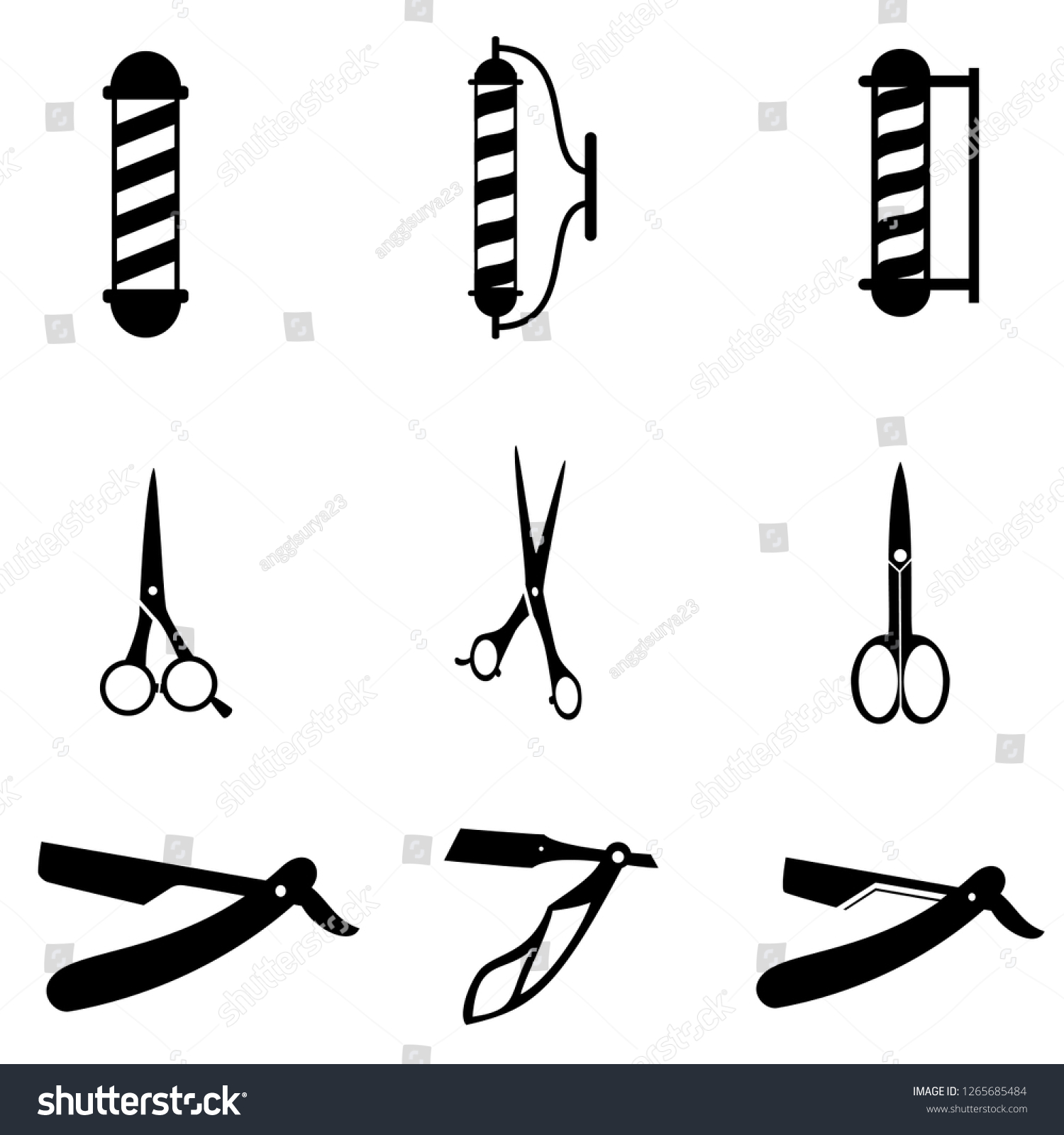 Vektor Stok Barber Pole Scissors Razor Icon Set (Tanpa Royalti ...