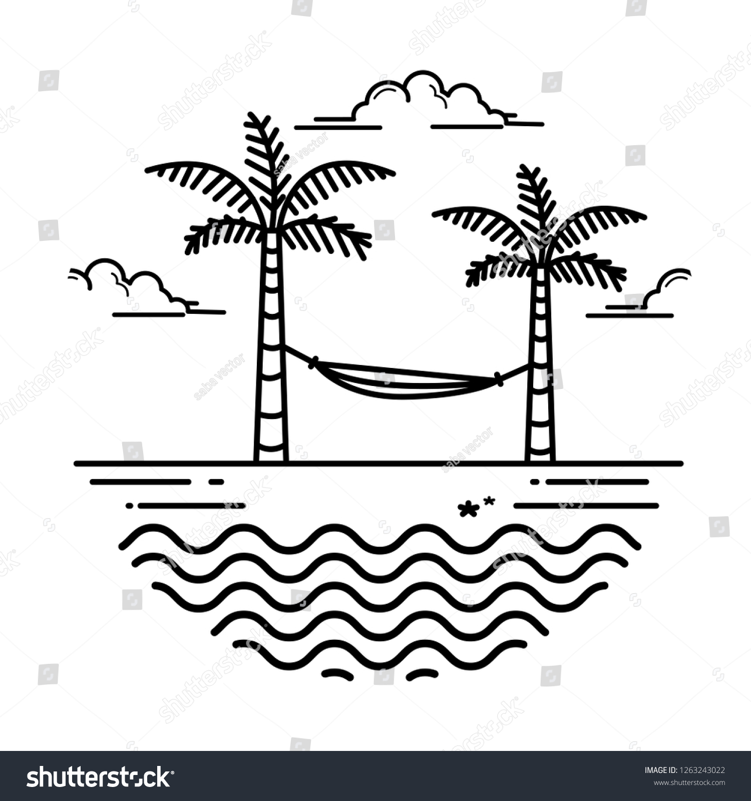 Vektor Stok Beach Design Vector Style Line Art (Tanpa Royalti) 1263243022