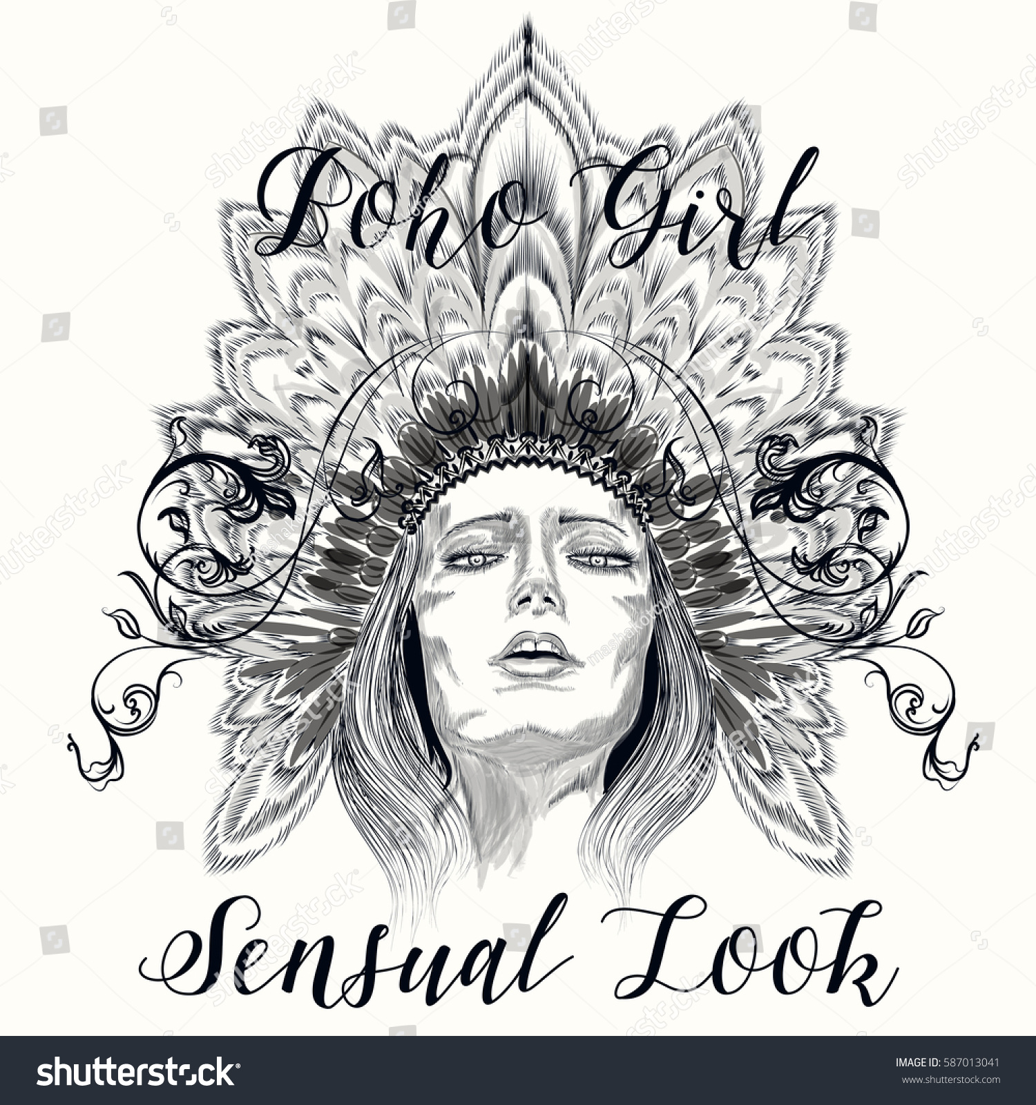 Beautiful Boho Illustration Hand Drawn Sensual เวกเตอร์สต็อก ปลอดค่า