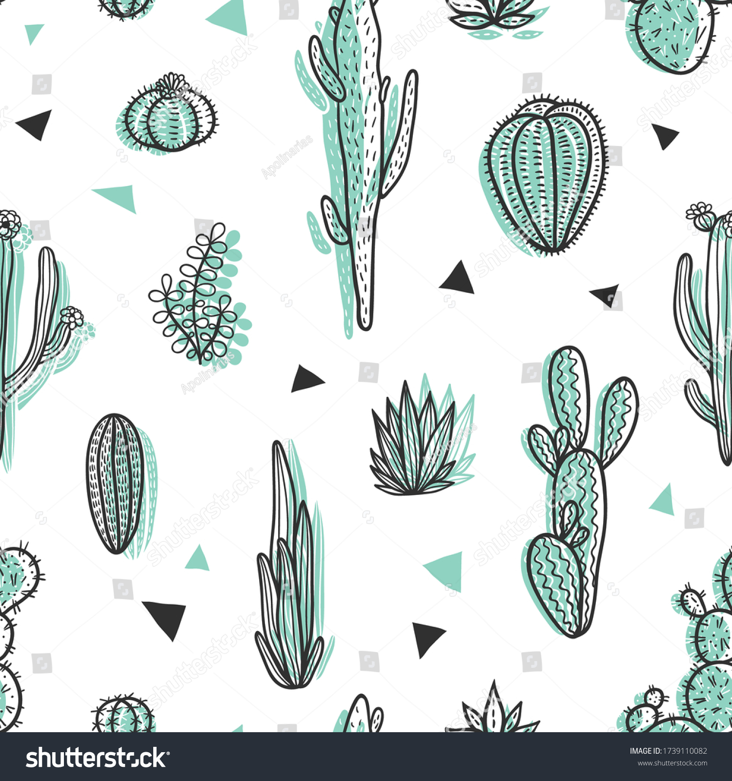 Beautiful Hand Drawn Cacti Doodle Seamless Stock Vector (Royalty Free ...