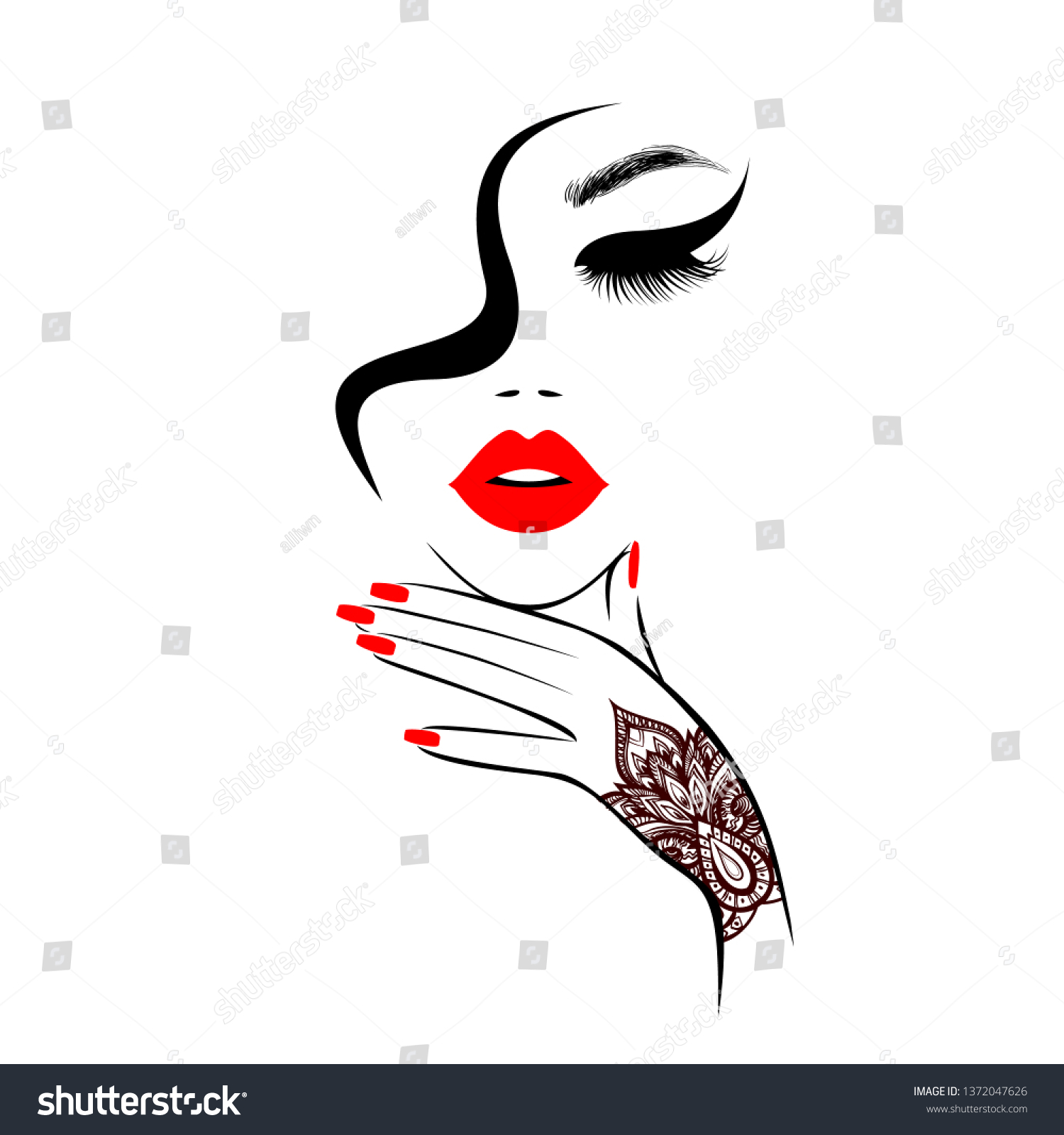Beautiful Sexy Face Red Lips Hand Stock Vector Royalty Free 1372047626