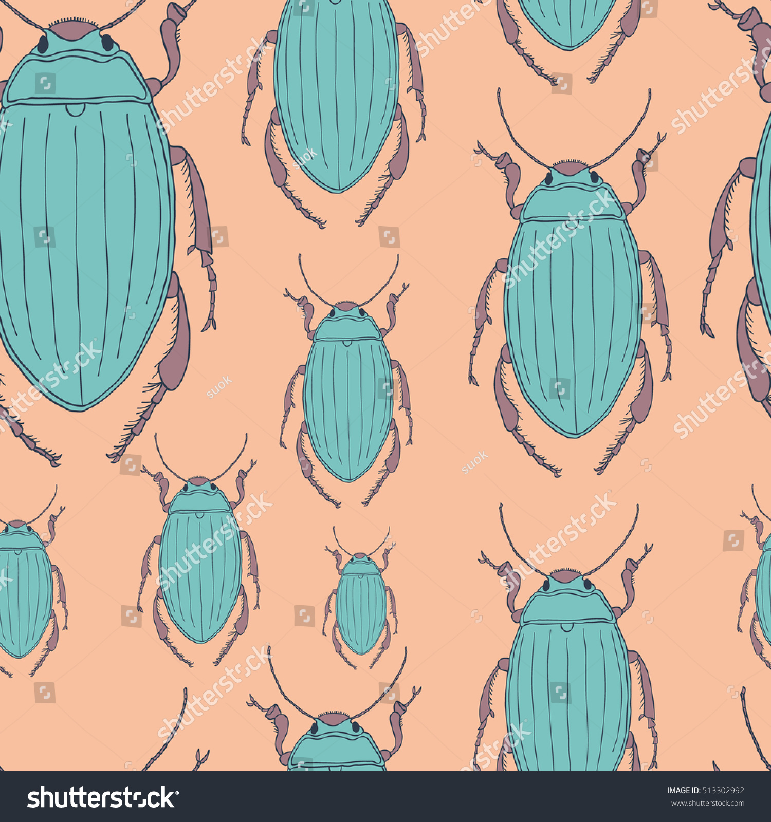 Beetles Seamless Pattern Vector Texture Background Stock Vector