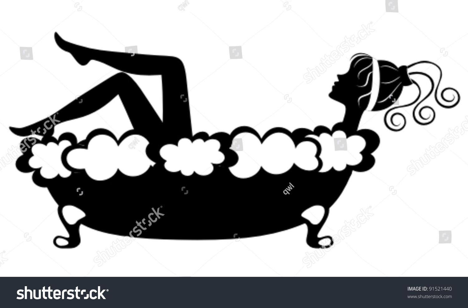 Blackandwhite Illustration Pretty Girl Taking Bath Stock Vector