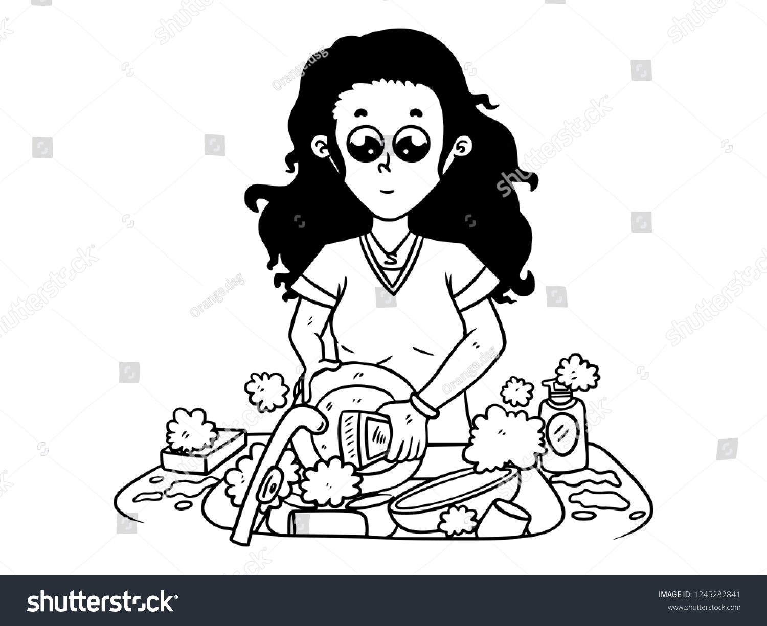 Black White Line Art Washing Dishes เวกเตอร์สต็อก ปลอดค่าลิขสิทธิ์