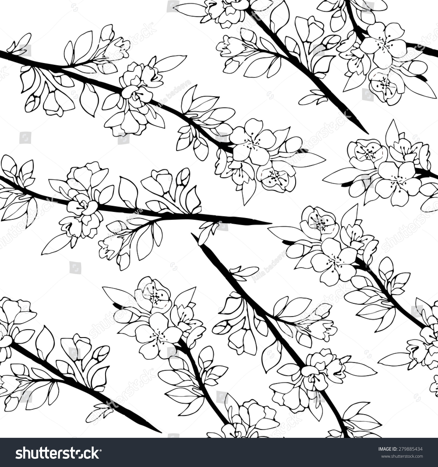 Blooming Apple Tree Pattern Black White Stock Vector (Royalty Free ...