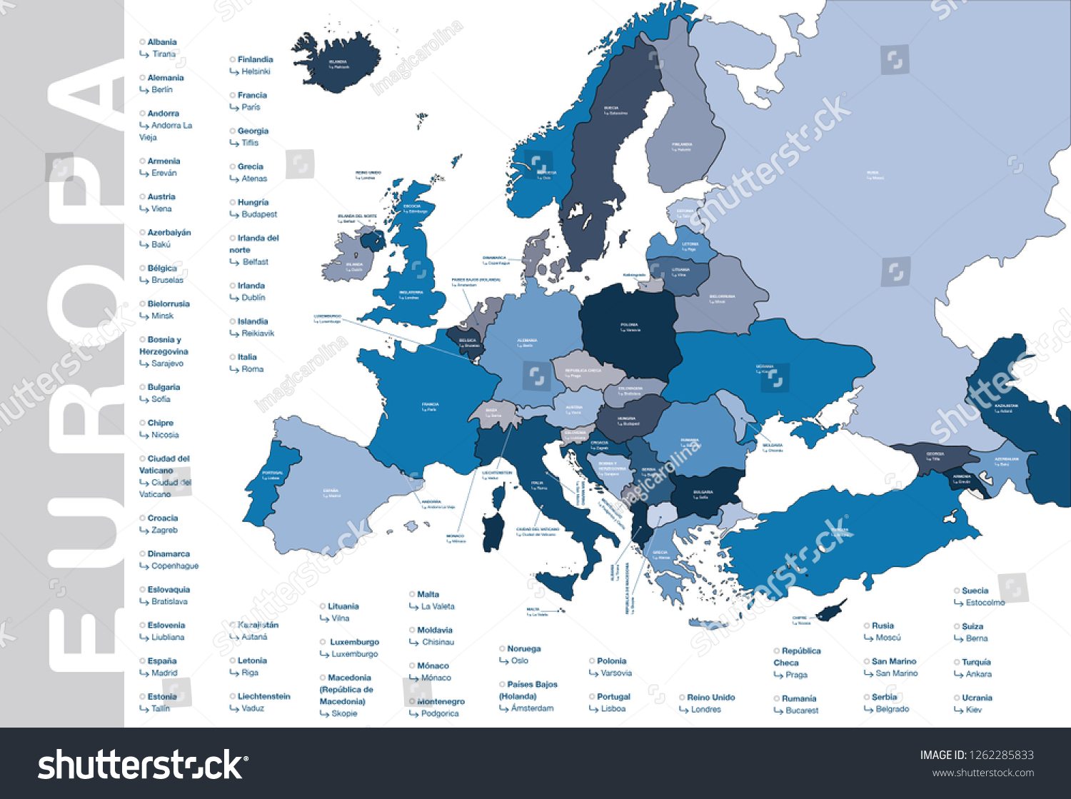 Blue Europe Map 스톡 벡터(로열티 프리) 1262285833 | Shutterstock
