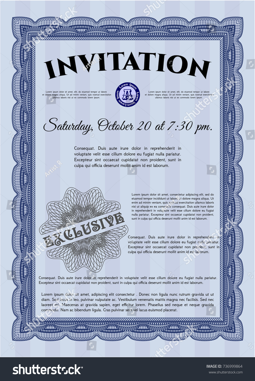 Blue Formal Invitation Template Complex Linear Stock Vector (Royalty ...