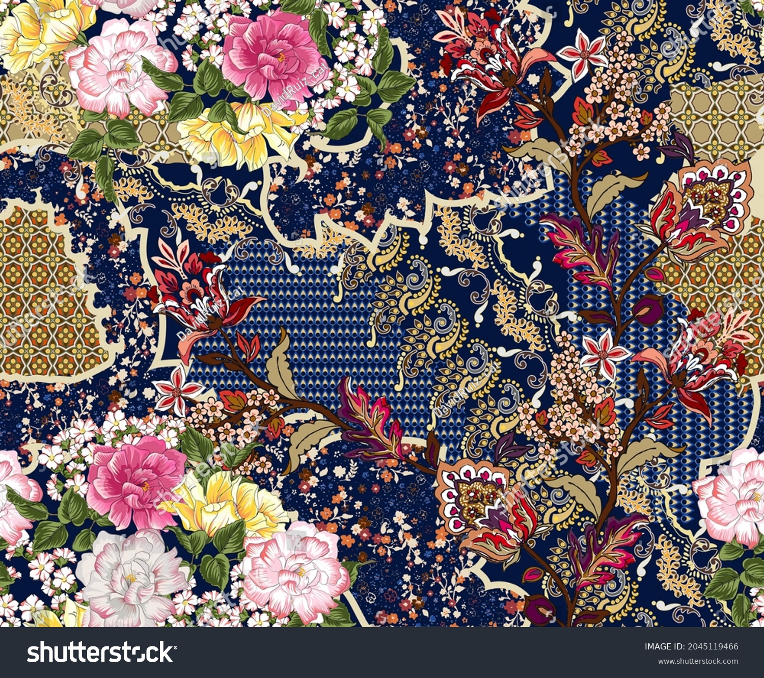 Boho Floral Pattern Dark Background Patch Stock Vector (Royalty Free ...