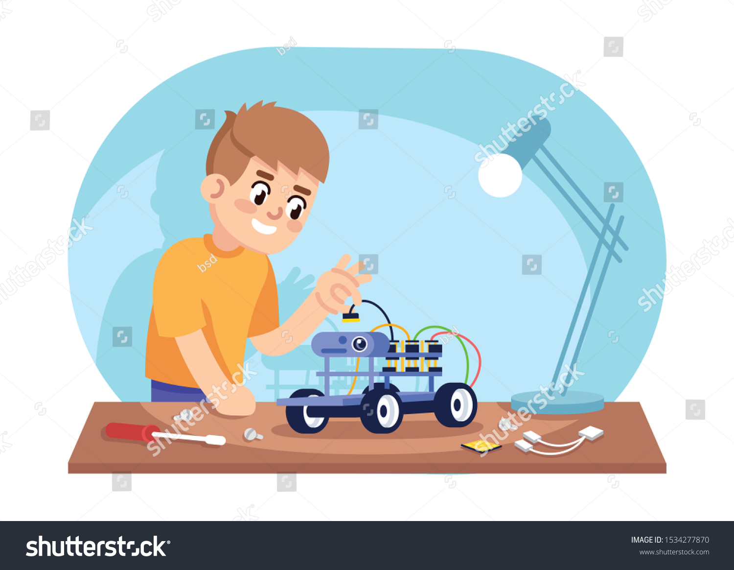 Boy Assembling Robot Car Flat Vector Stock Vector (Royalty Free ...
