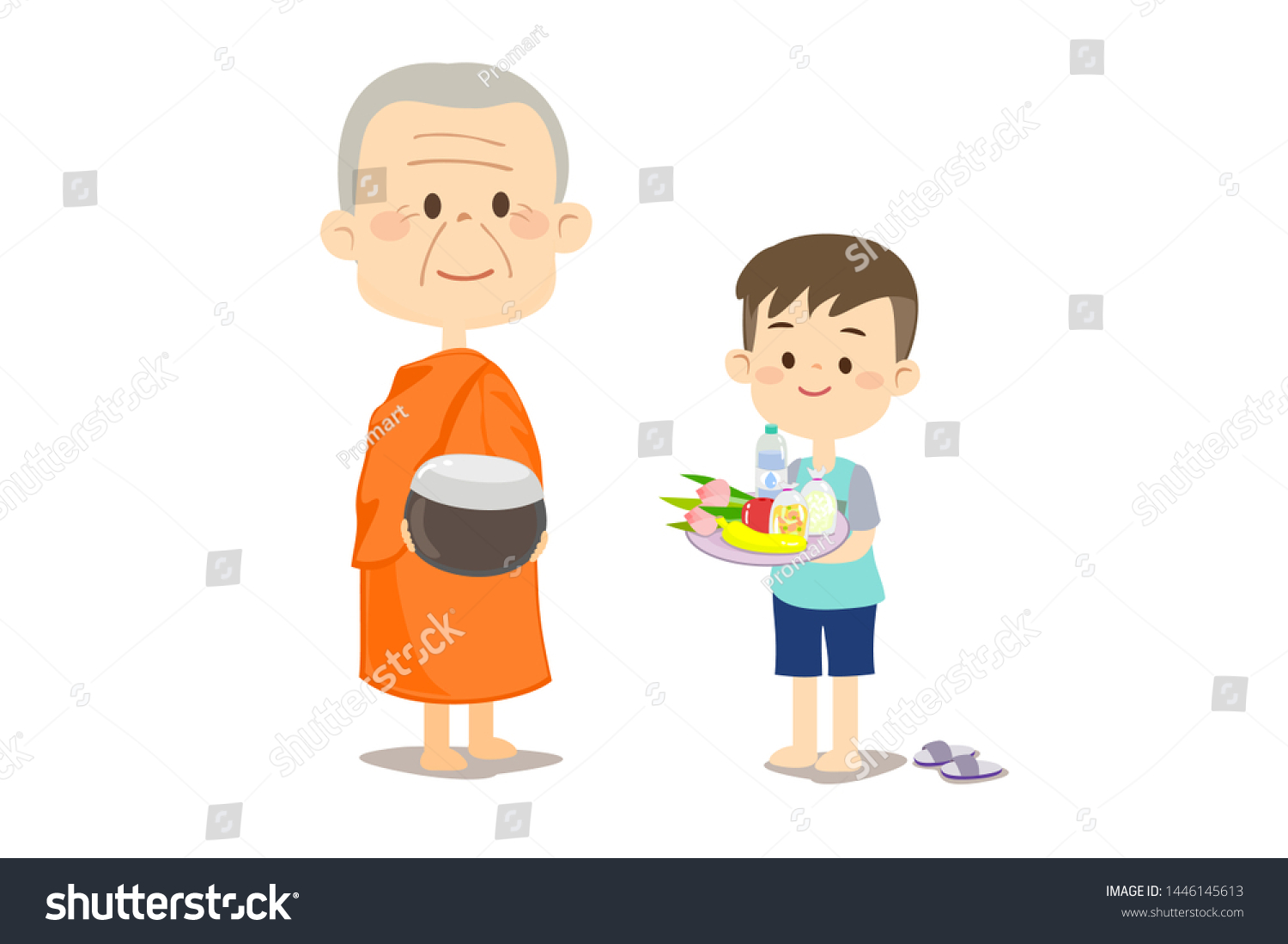 Boy Give Alms Buddhist Monk Vector Stock Vector (Royalty Free) 1446145613