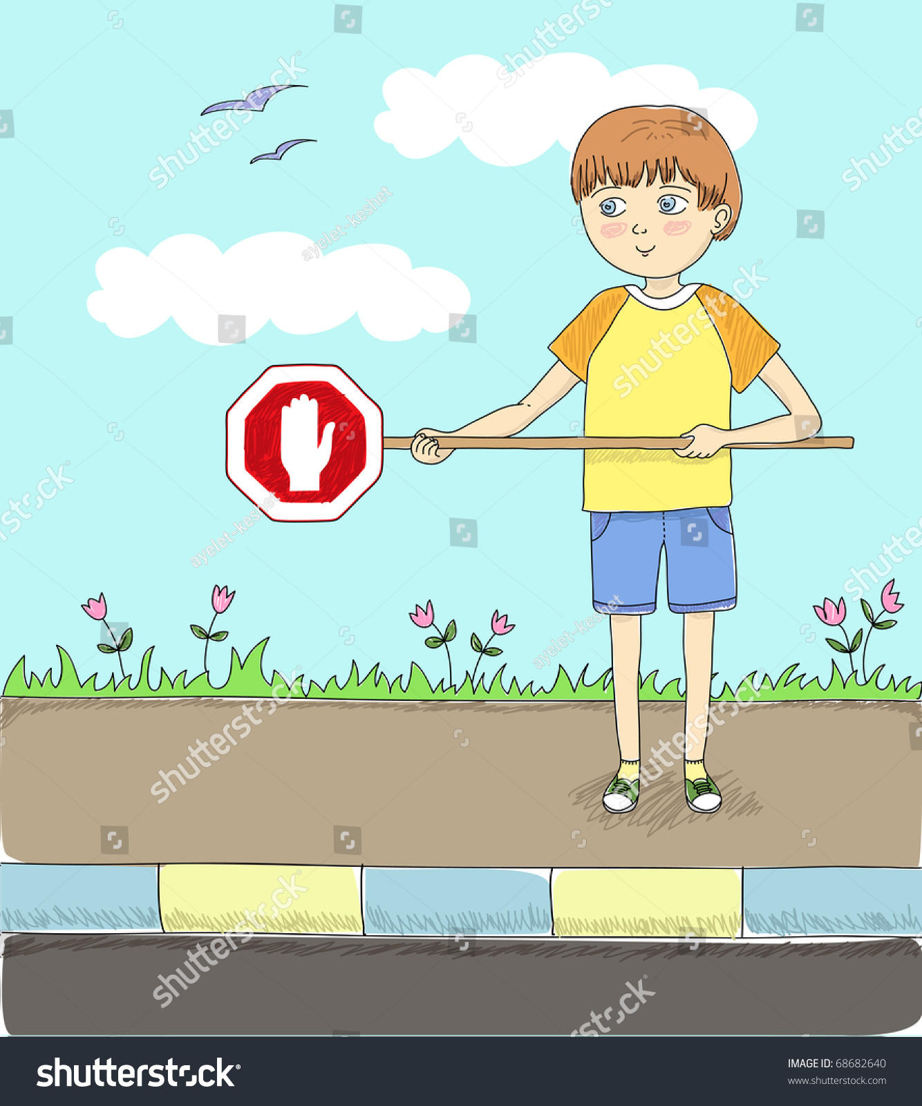 Boy Holding Stop Sign: vector de stock (libre de regalías) 68682640 ...
