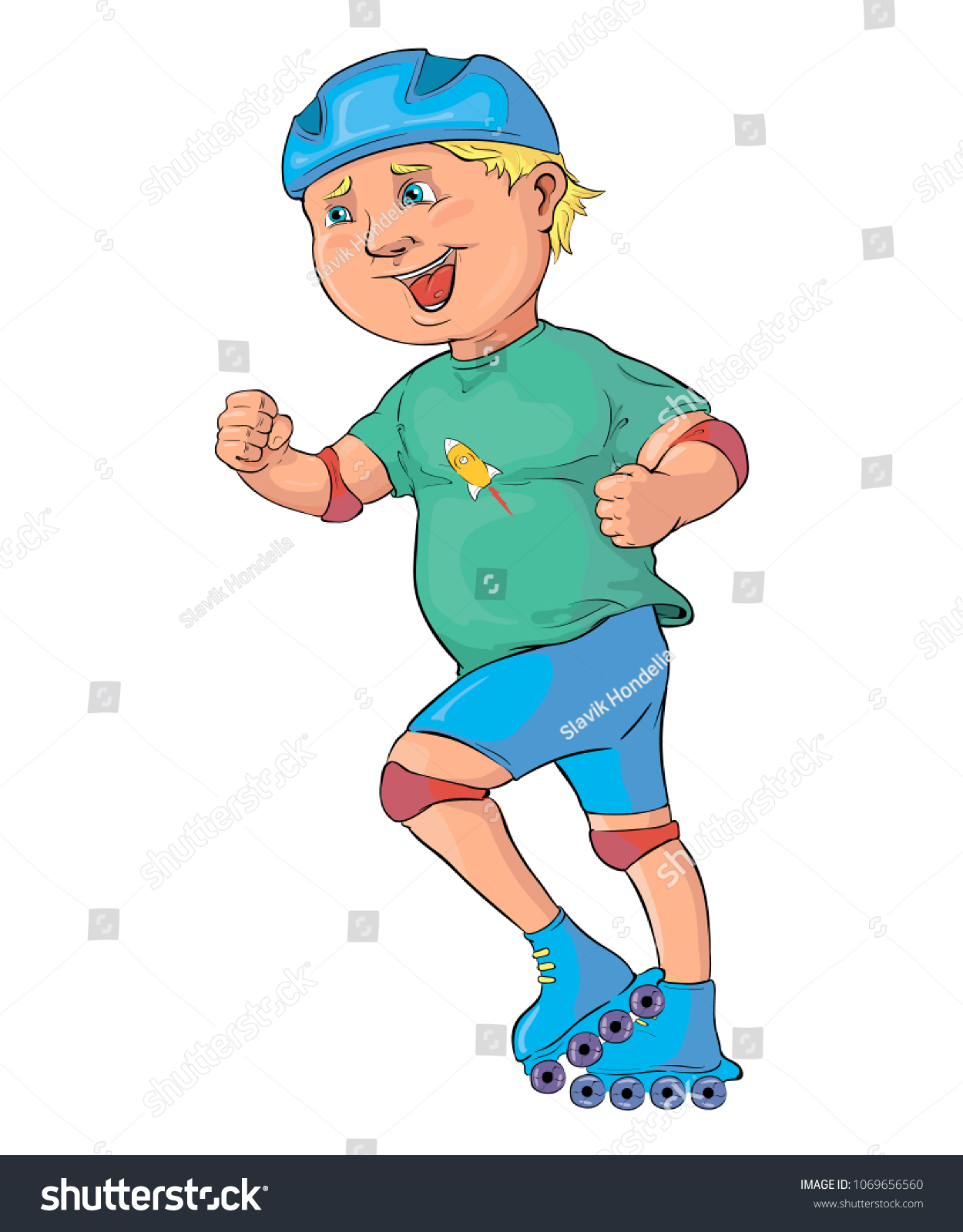 Boy On Rollers Funny Cartoon Vector Stock Vector (Royalty Free) 1069656560