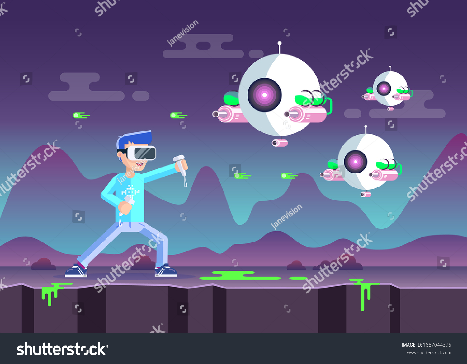 Boy Playing Virtual Reality Space Video Stock Vector (Royalty Free ...