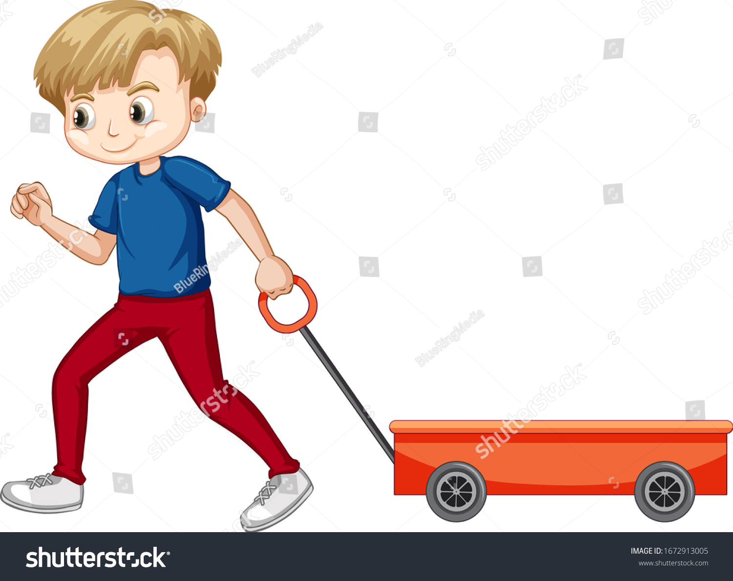 Boy Pulling Red Wagon On White Stock Vector (Royalty Free) 1672913005