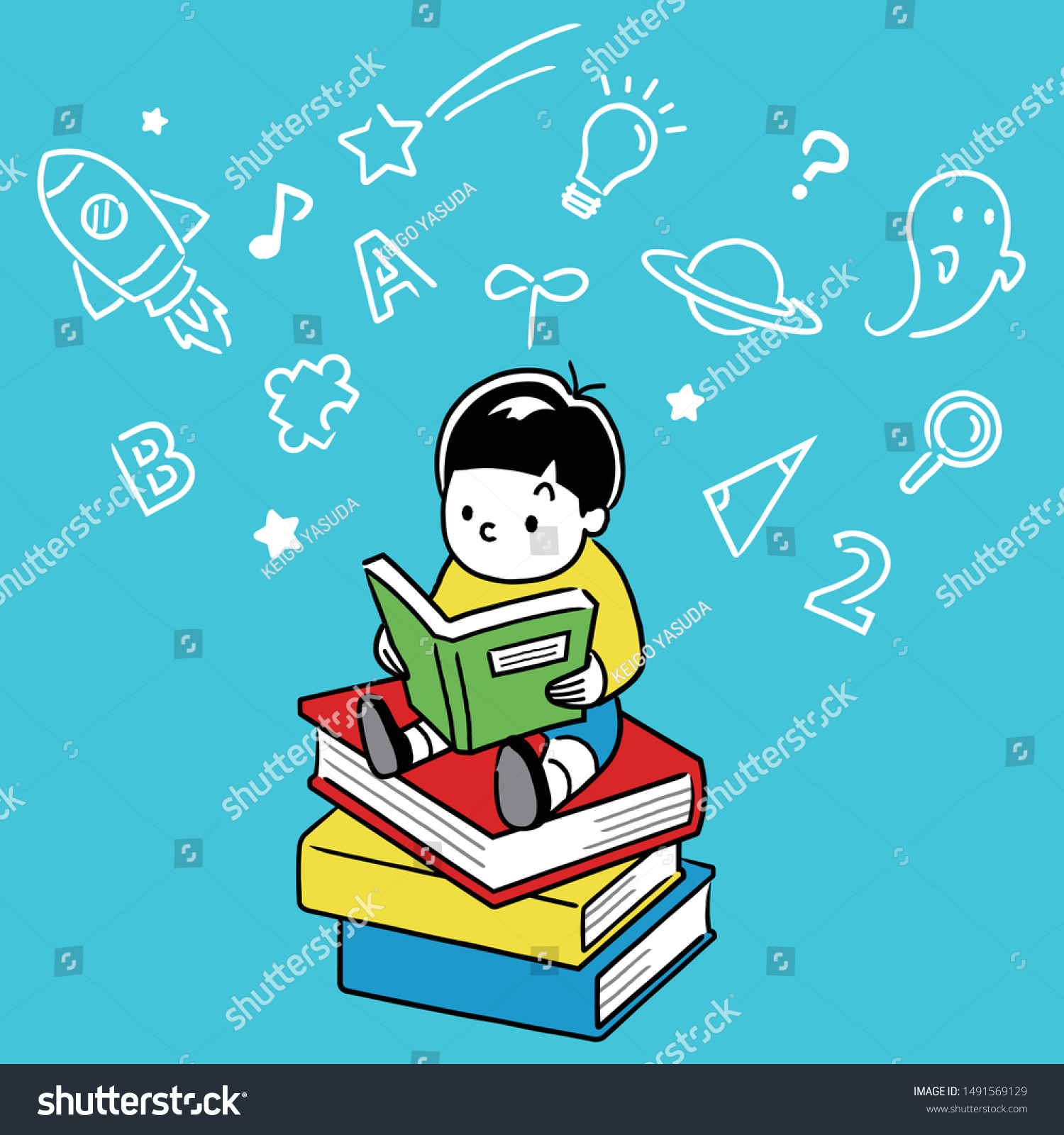 Boy Reading Book Imagining Stock Vector (Royalty Free) 1491569129