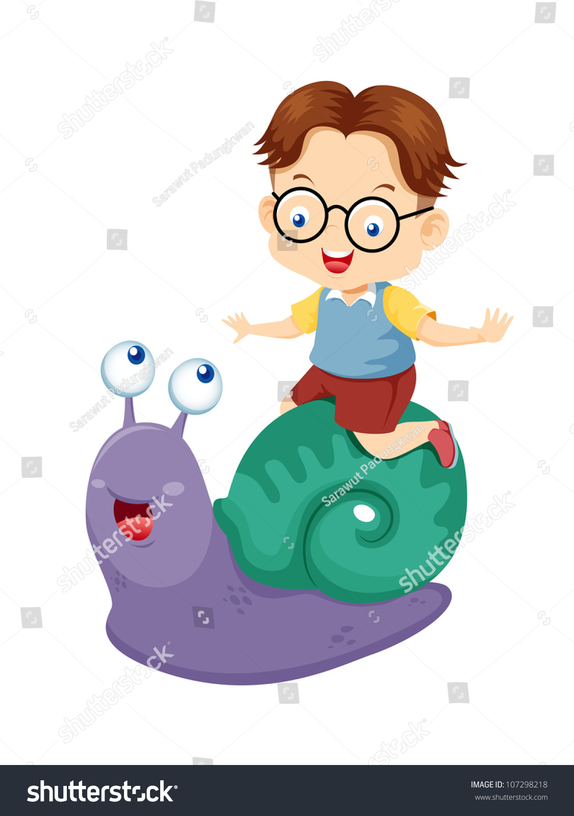 Boy Riding Snail: vector de stock (libre de regalías) 107298218 ...