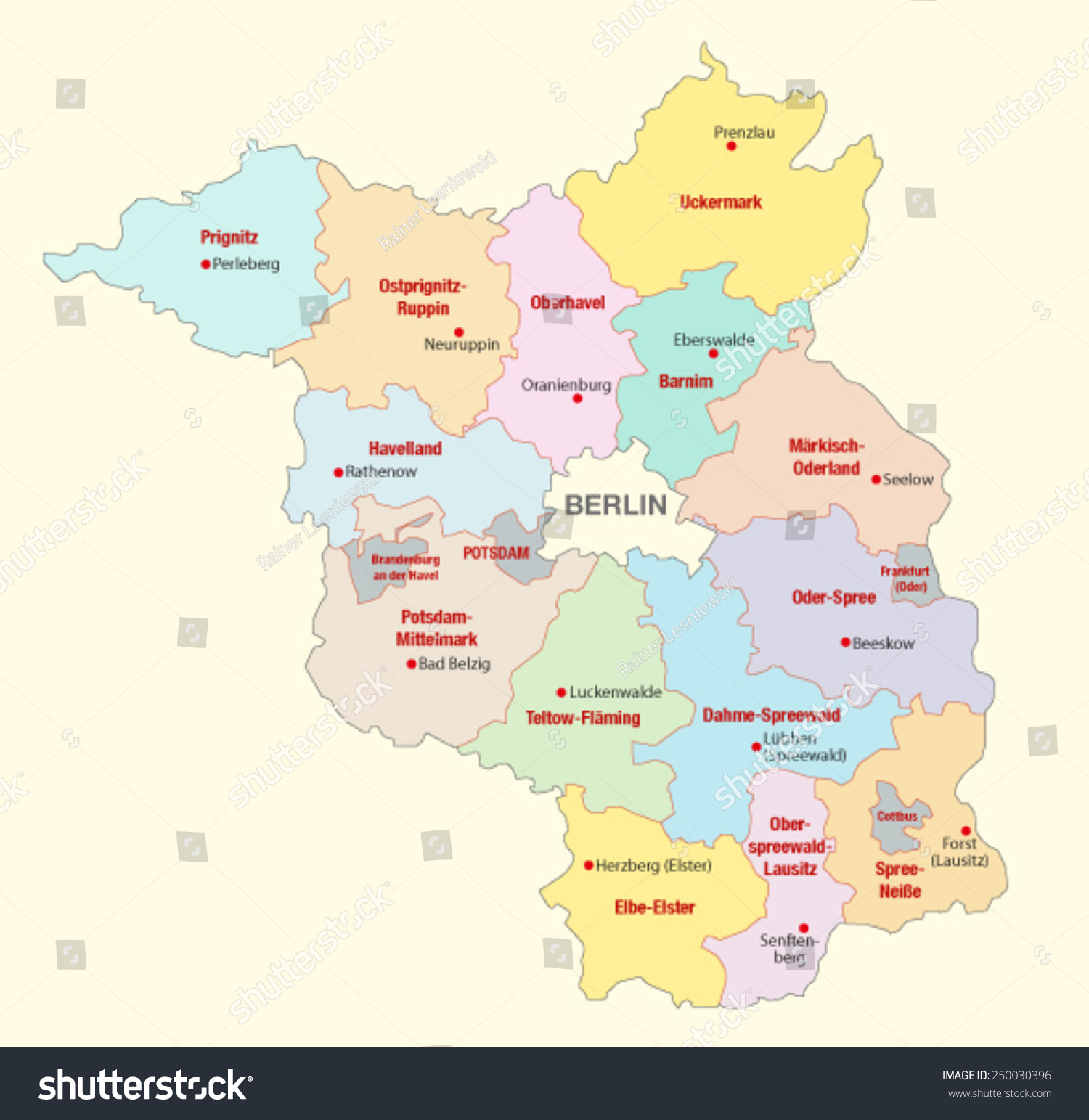Brandenburg Administrative Map Stock Vector (Royalty Free) 250030396