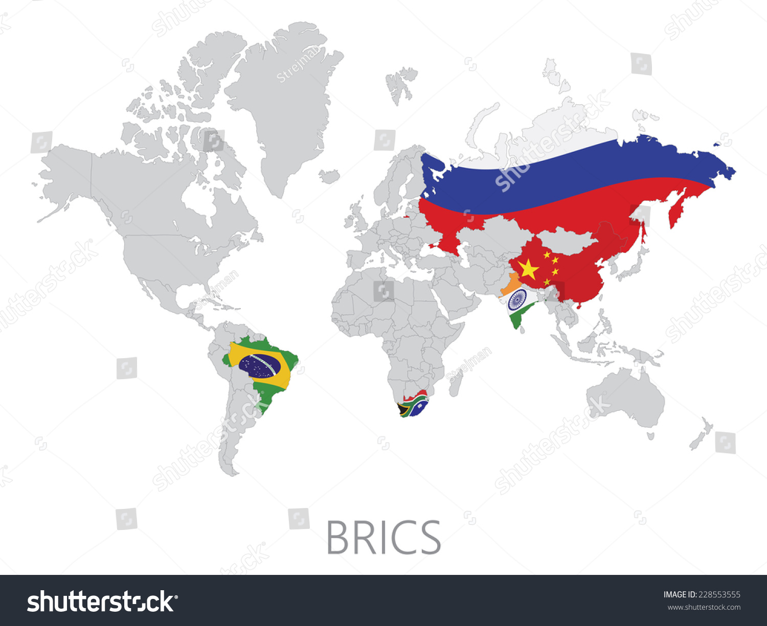 Brics On World Map On White Stock Vector (Royalty Free) 228553555
