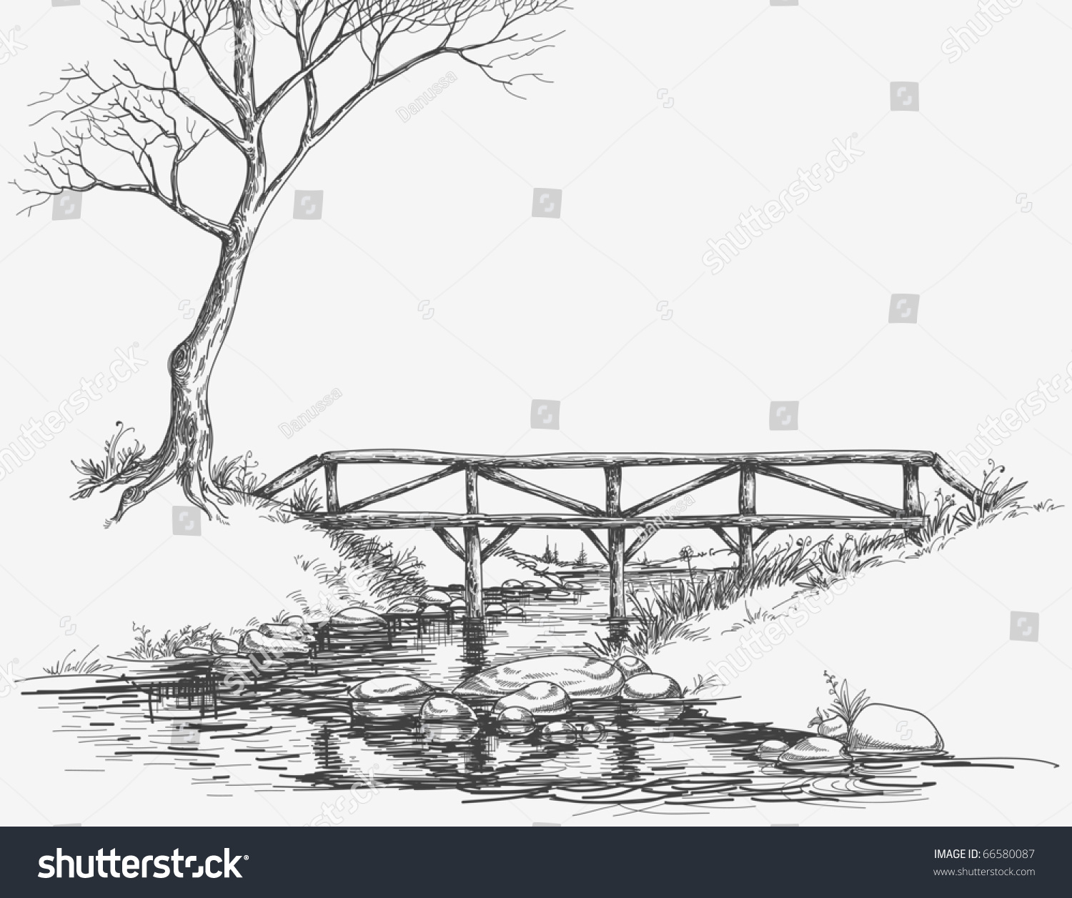 Bridge Over River Sketch Stock Vector (Royalty Free) 66580087