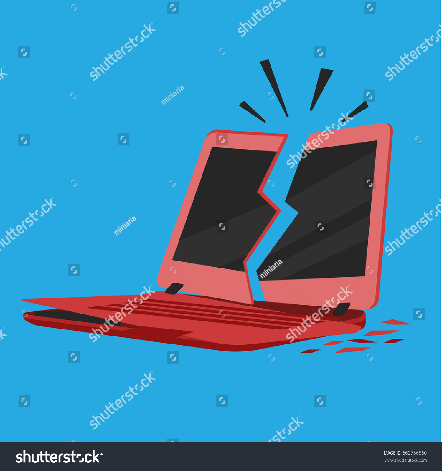 Broken Crashed Red Laptop Notebook Stock Vector (Royalty Free) 662756560
