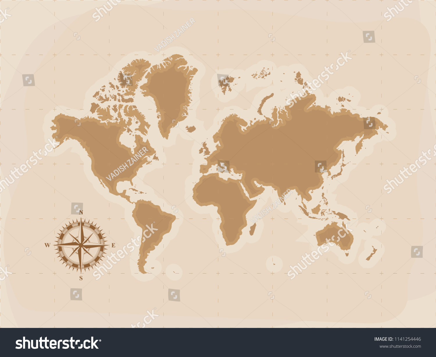 Brown Retro World Map Compass Flat Stock Vector (Royalty Free ...