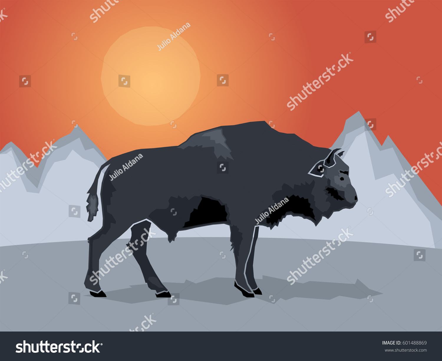 Buffalo On Stylized Mountain Background Vector Stock Vector (Royalty ...