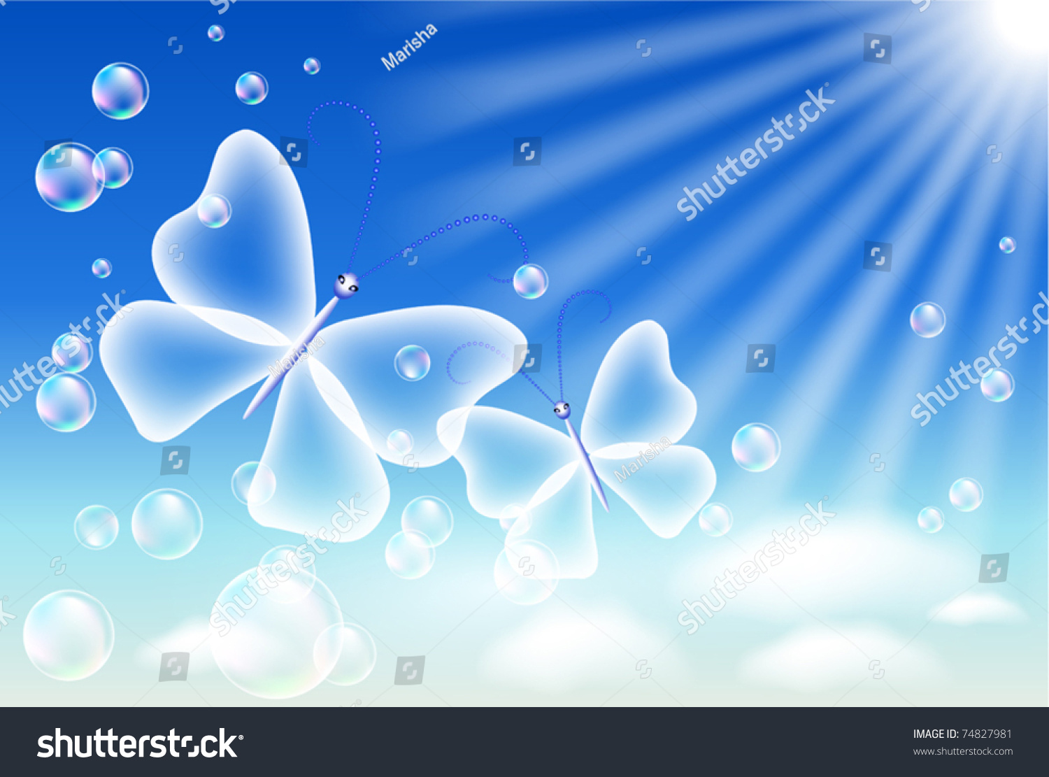 Butterfly Clouds Bubbles Sunshine Stock Vector (Royalty Free) 74827981
