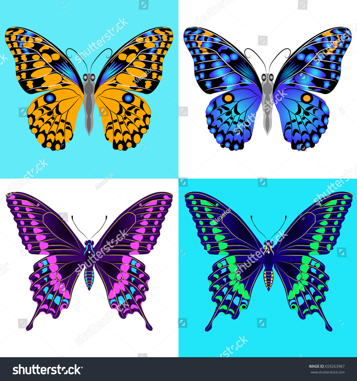 Butterfly Set Four Insects Different Execution Stock Vector (Royalty ...