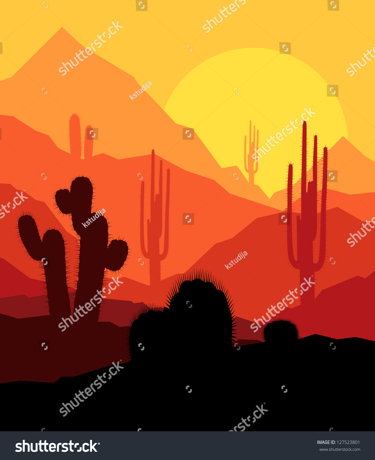 Cactus Plants Desert Sunset Vector Background: เวกเตอร์สต็อก (ปลอดค่า ...