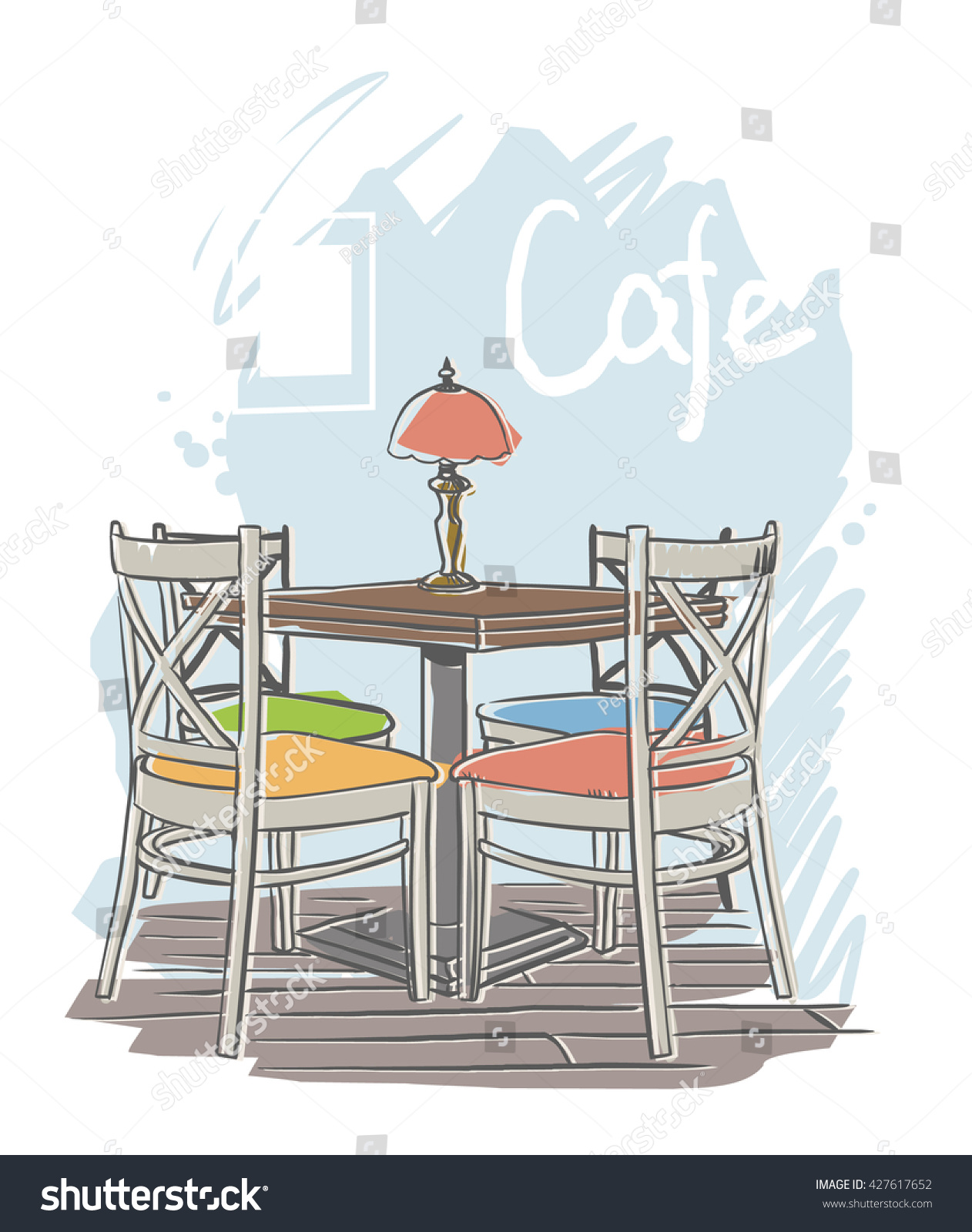 Cafe Interior Vector Hand Drawn Illustration: vector de stock (libre de ...