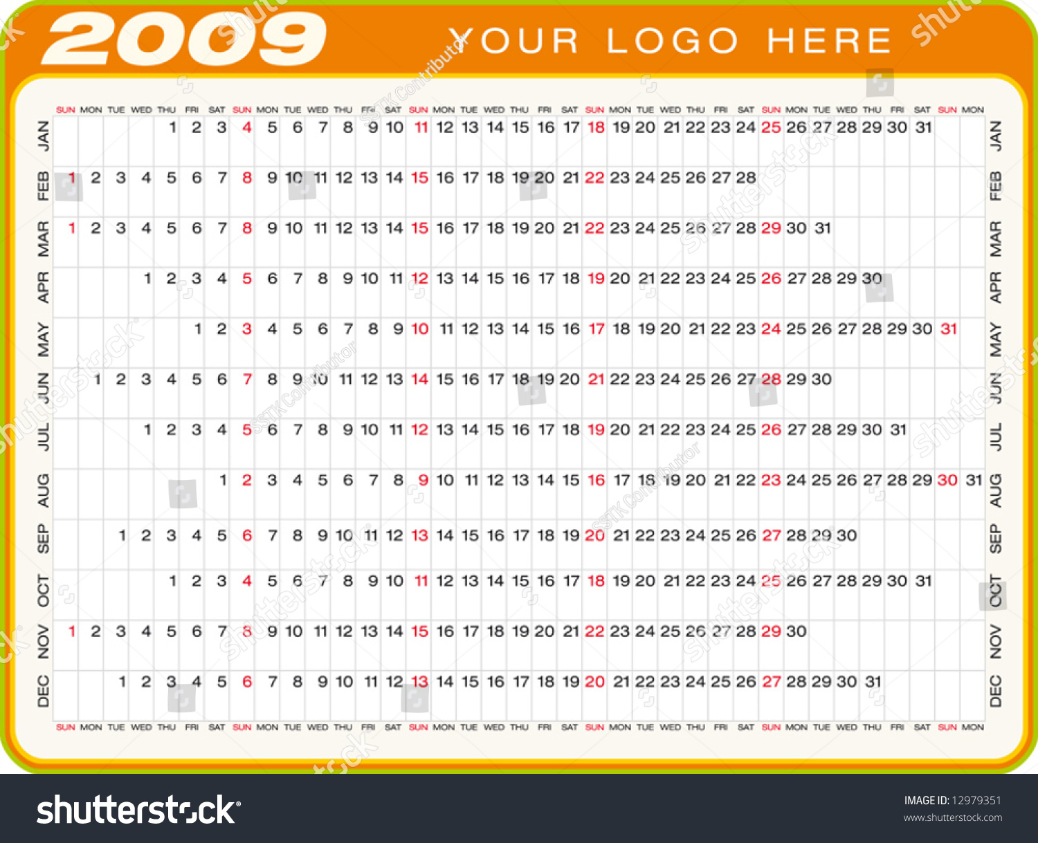 Calendar 2009 Numbers Within Grid Horizontal Stock Vector (Royalty Free ...